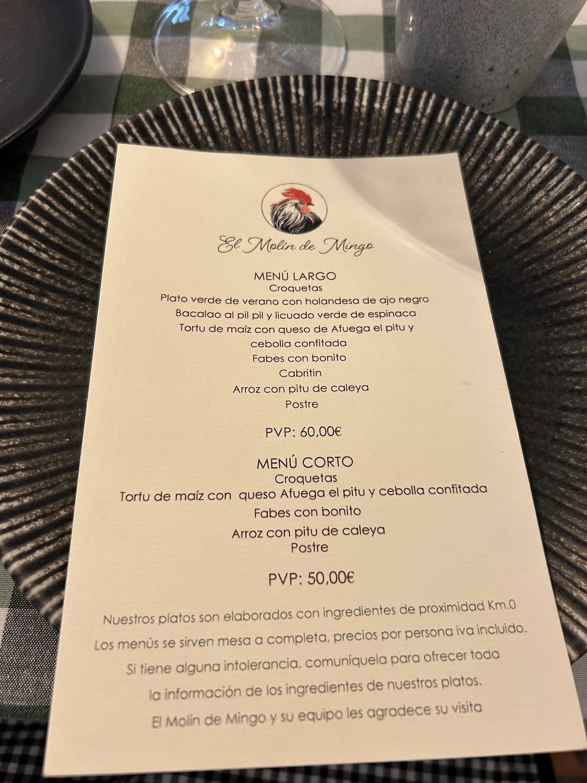 Carta del restaurante El Molín del Mingo, España, Finca Molín del Mingo