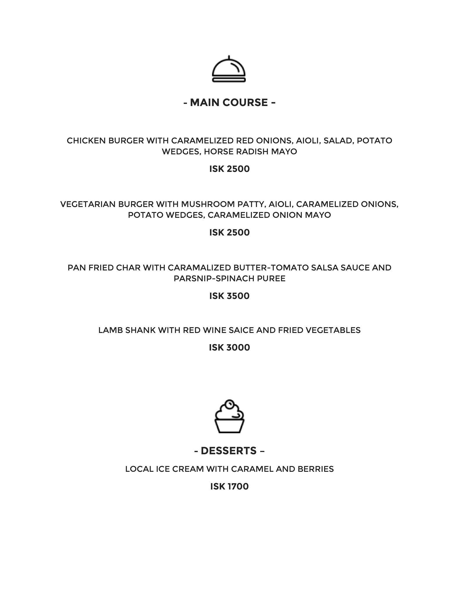 Menu at Gígur restaurant, Iceland