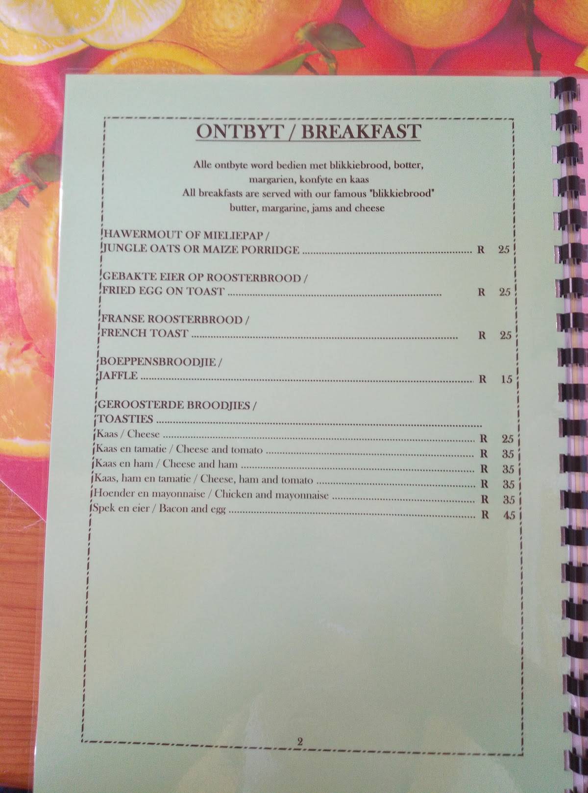 Carta del restaurante Hokaai Boerekos, Sudáfrica