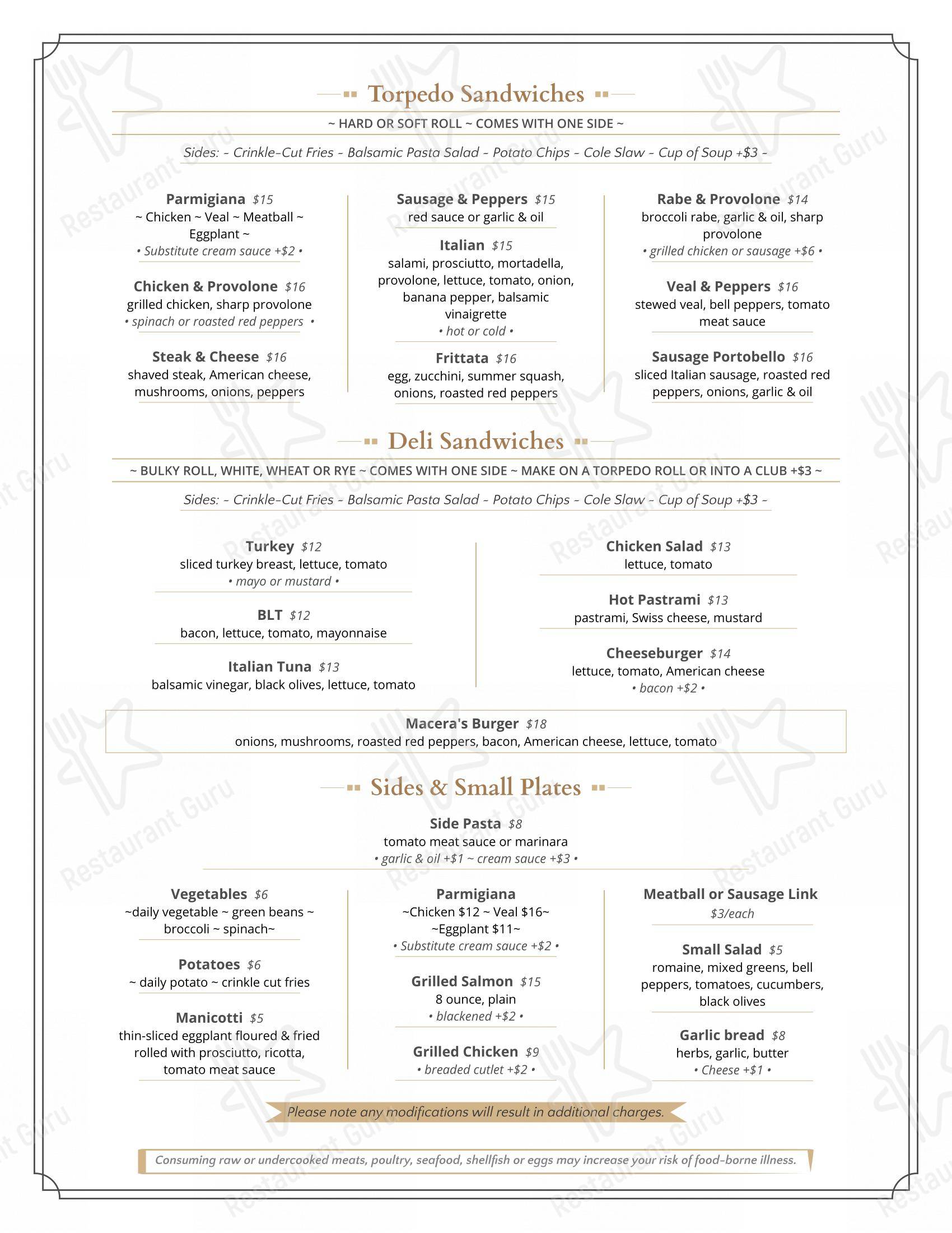 Menu at Macera's Italian Restaurant, Cranston, 957 Reservoir Ave
