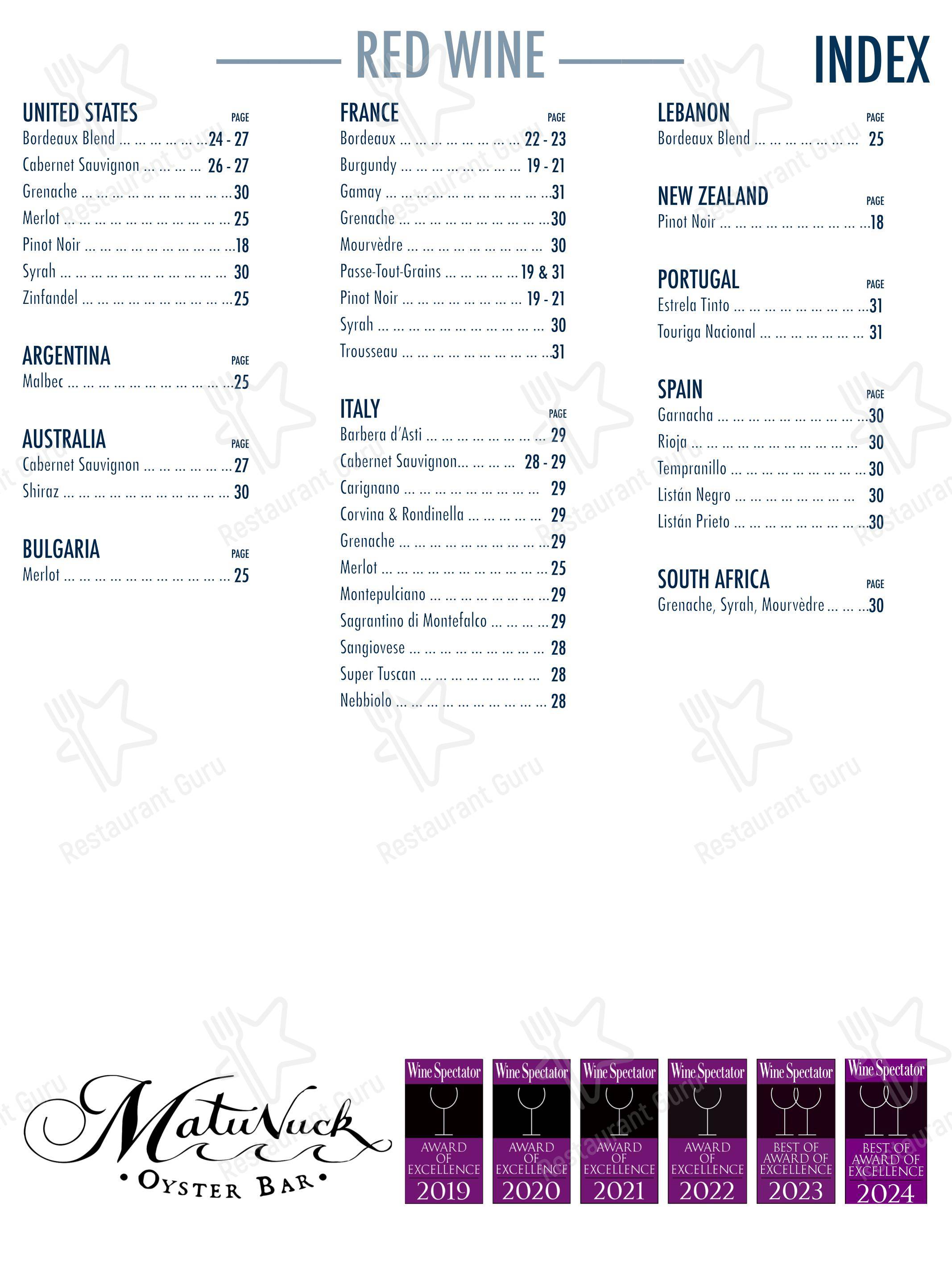 Menu at Matunuck Oyster Bar, South Kingstown, 629 Succotash Rd