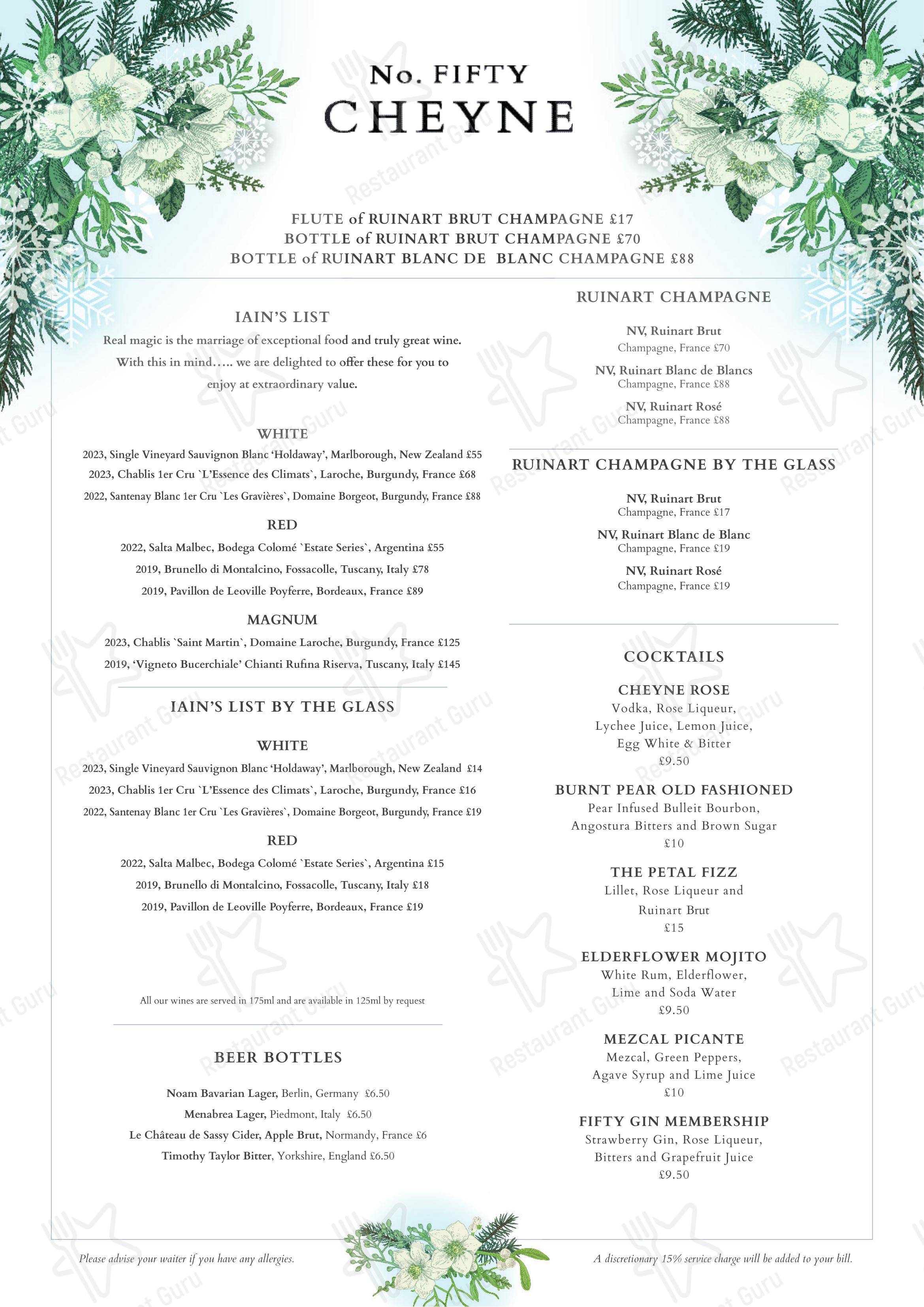 Menu at No. Fifty Cheyne pub & bar, London, 50 Cheyne Walk