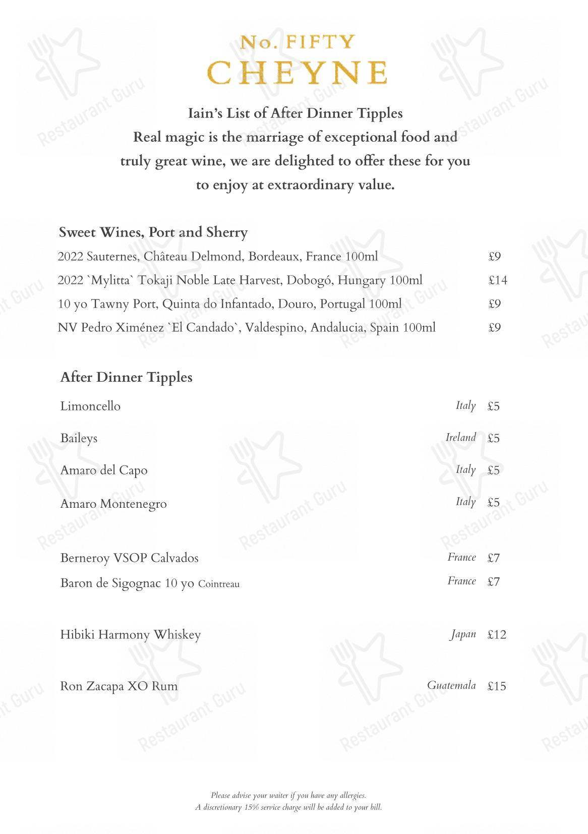 Menu at No. Fifty Cheyne pub & bar, London, 50 Cheyne Walk