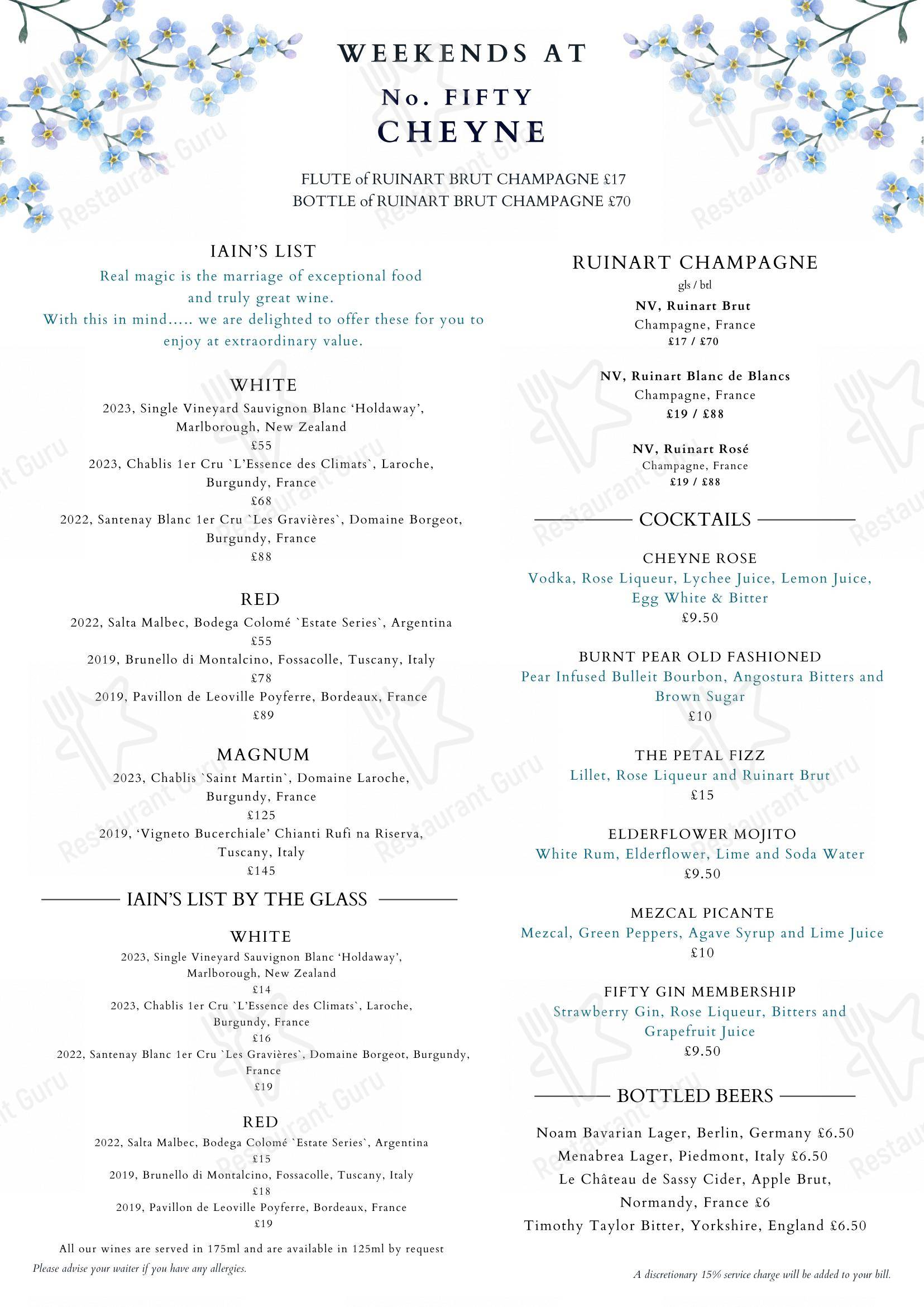 Menu at No. Fifty Cheyne pub & bar, London, 50 Cheyne Walk