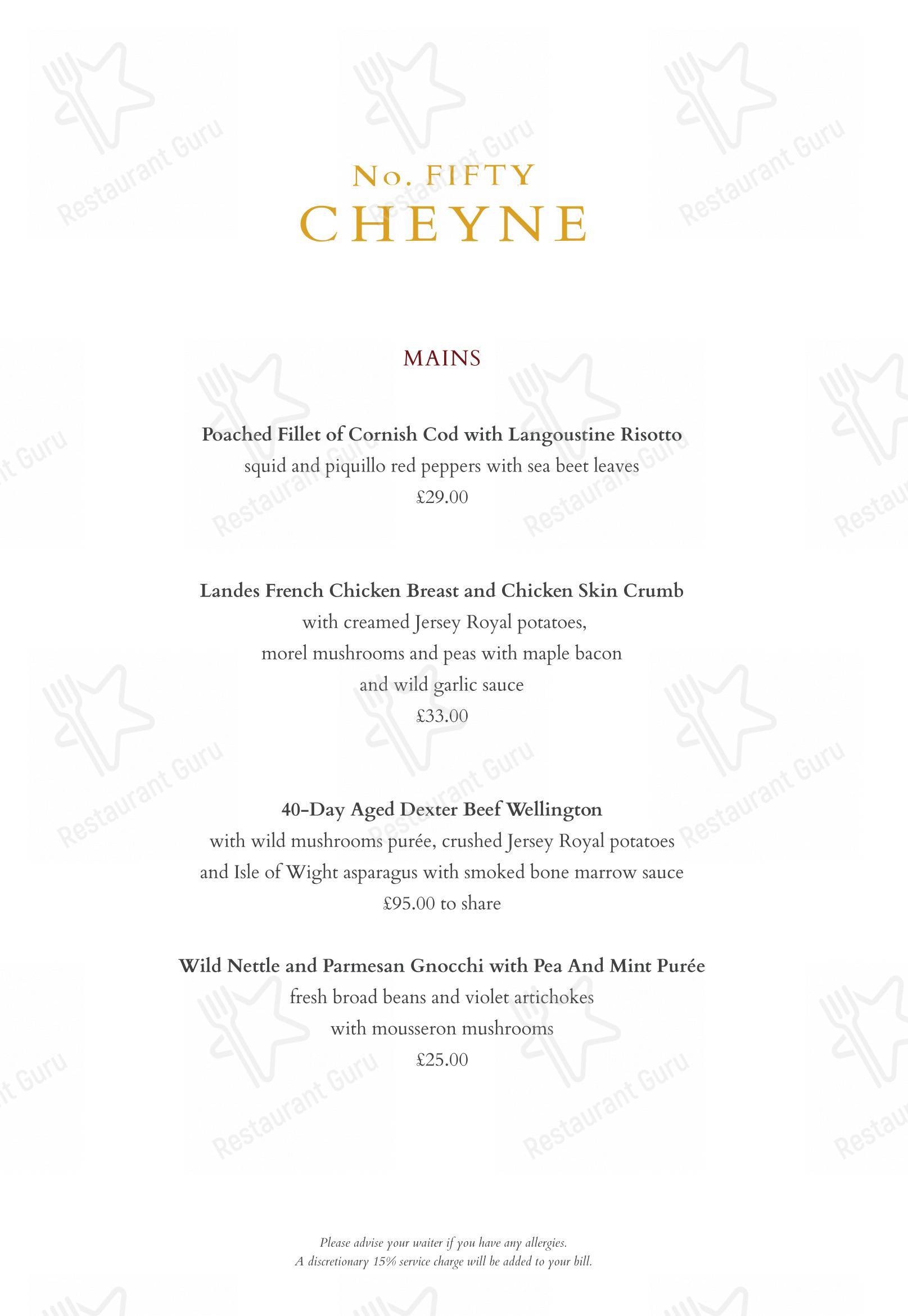 Menu at No. Fifty Cheyne pub & bar, London, 50 Cheyne Walk