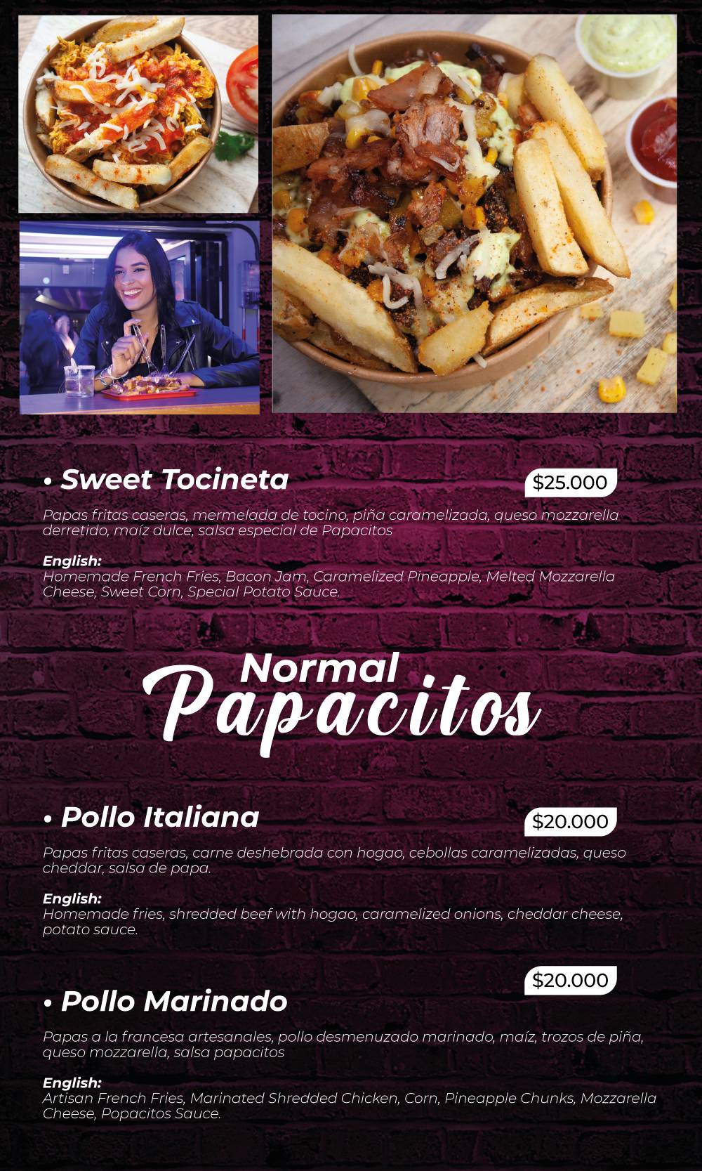 Carta de Papacitos Fast food Medellín, Colombia