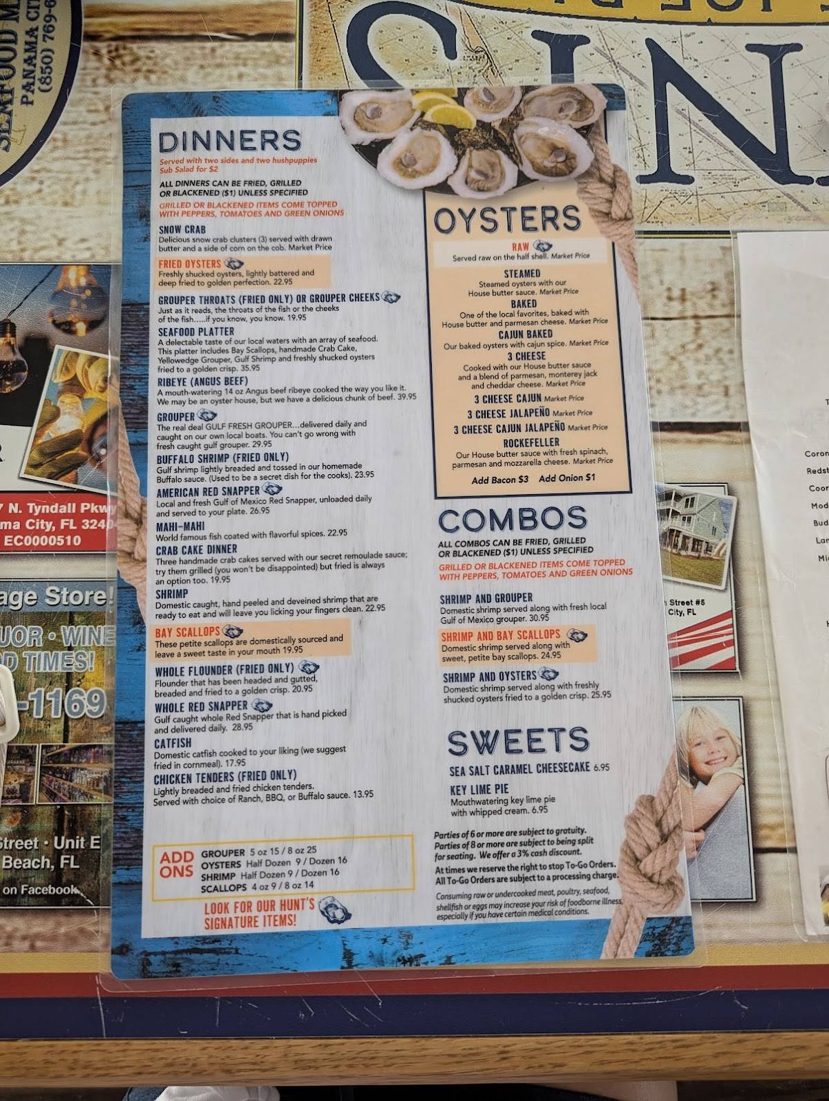 Menu at Hunt's on St Joe Bay restaurant, Port Saint Joe
