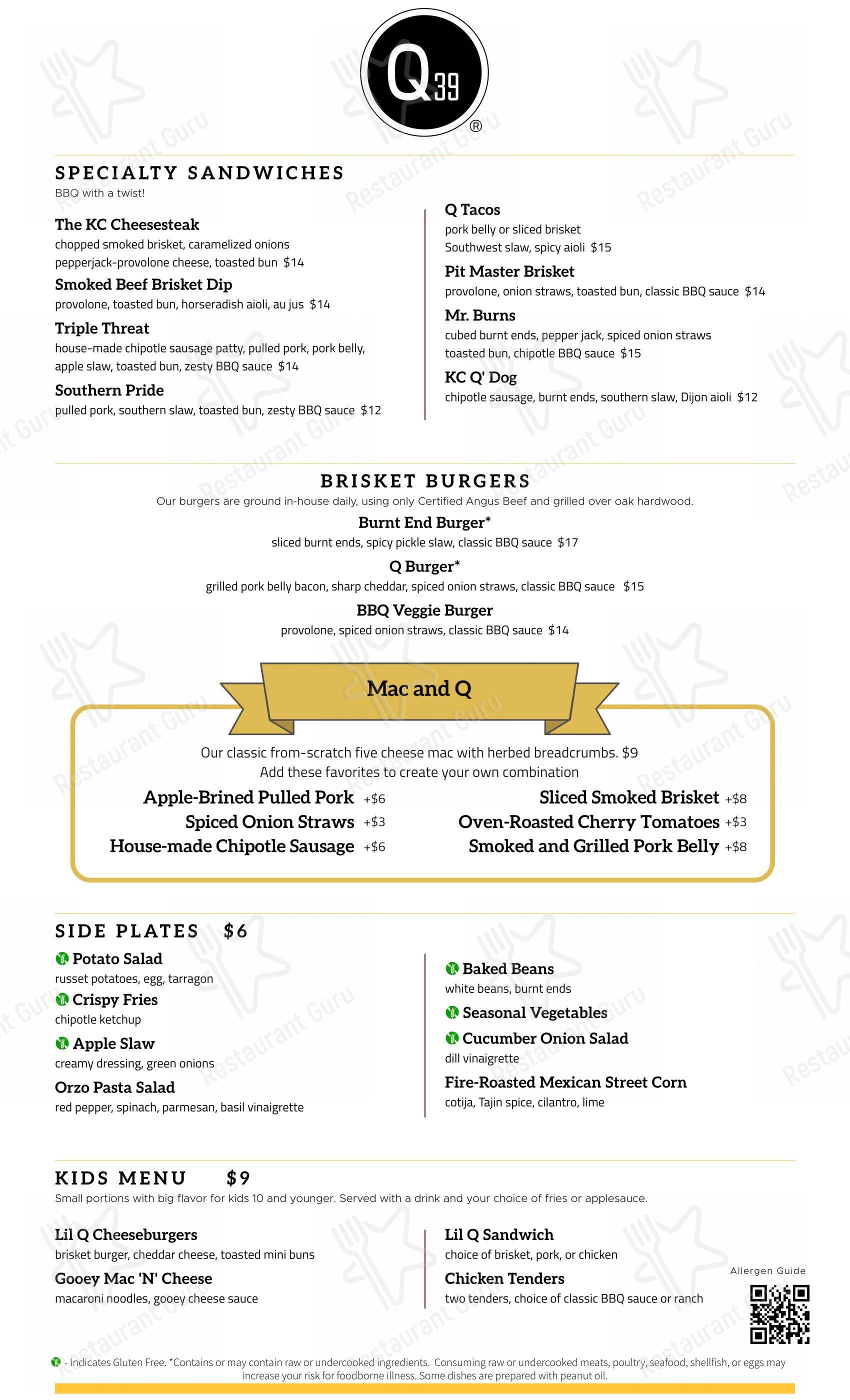 Menu at Q39 - Midtown BBQ, Kansas City