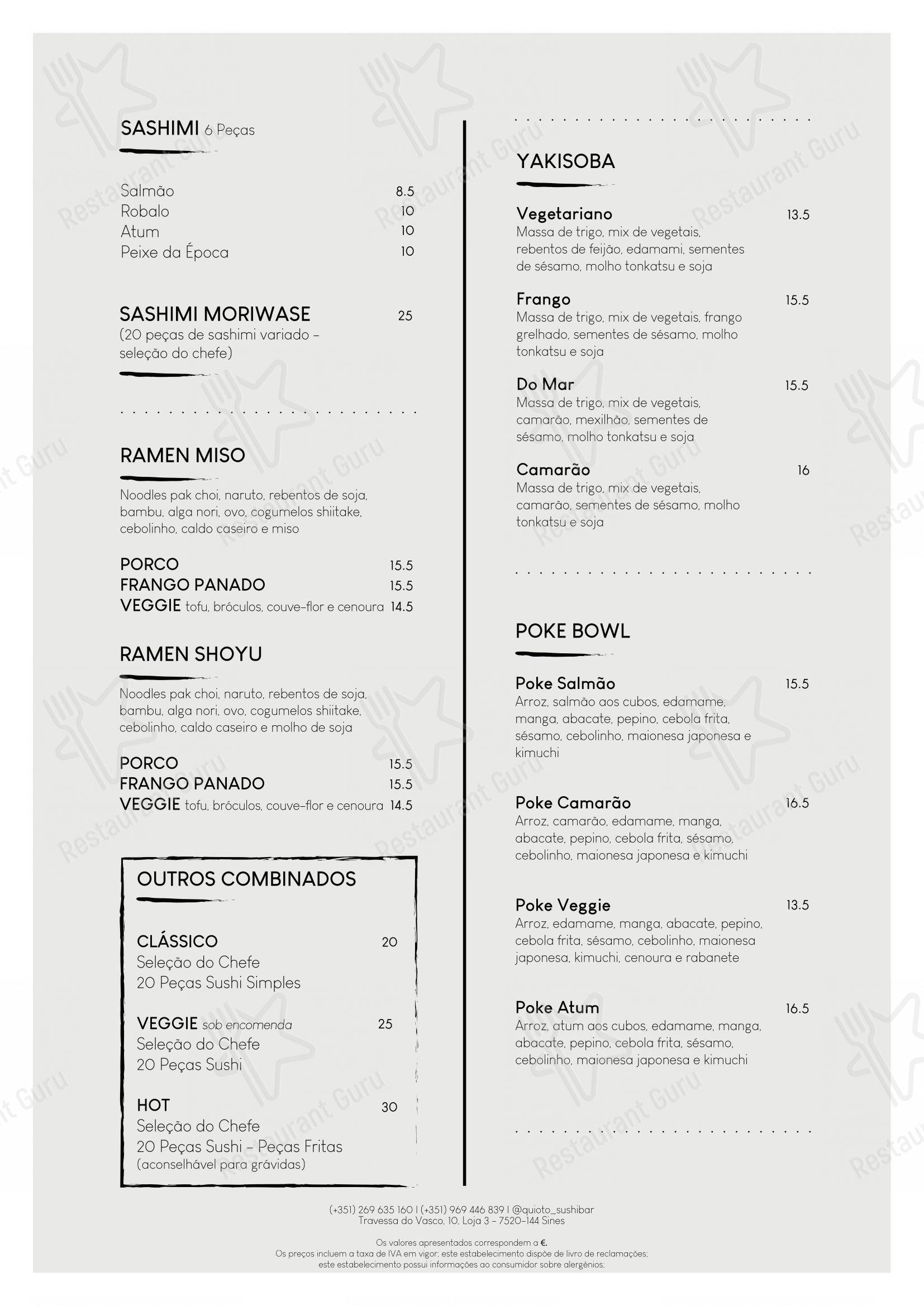 Menu at Quioto Sushibar, Sines