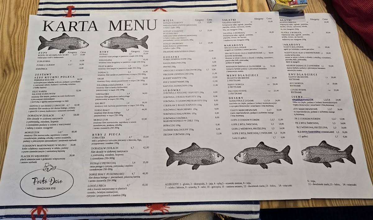 Menu at Restauracja "Smażalnia ryb PORTO DARO" restaurant, Poland