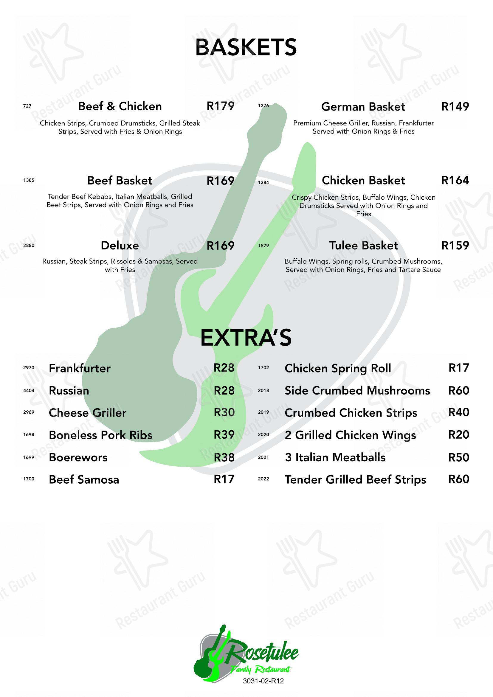Menu at Rose Tulee pub & bar, Brakpan