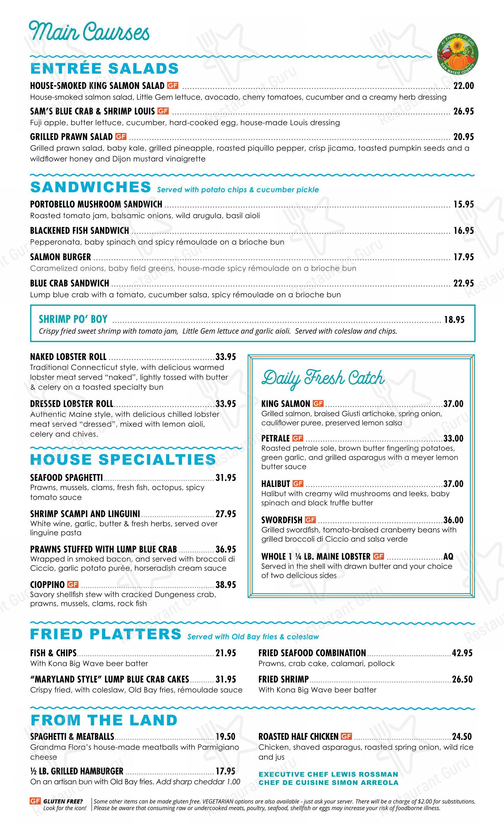 Menu at Sam's Chowder House restaurant, Half Moon Bay