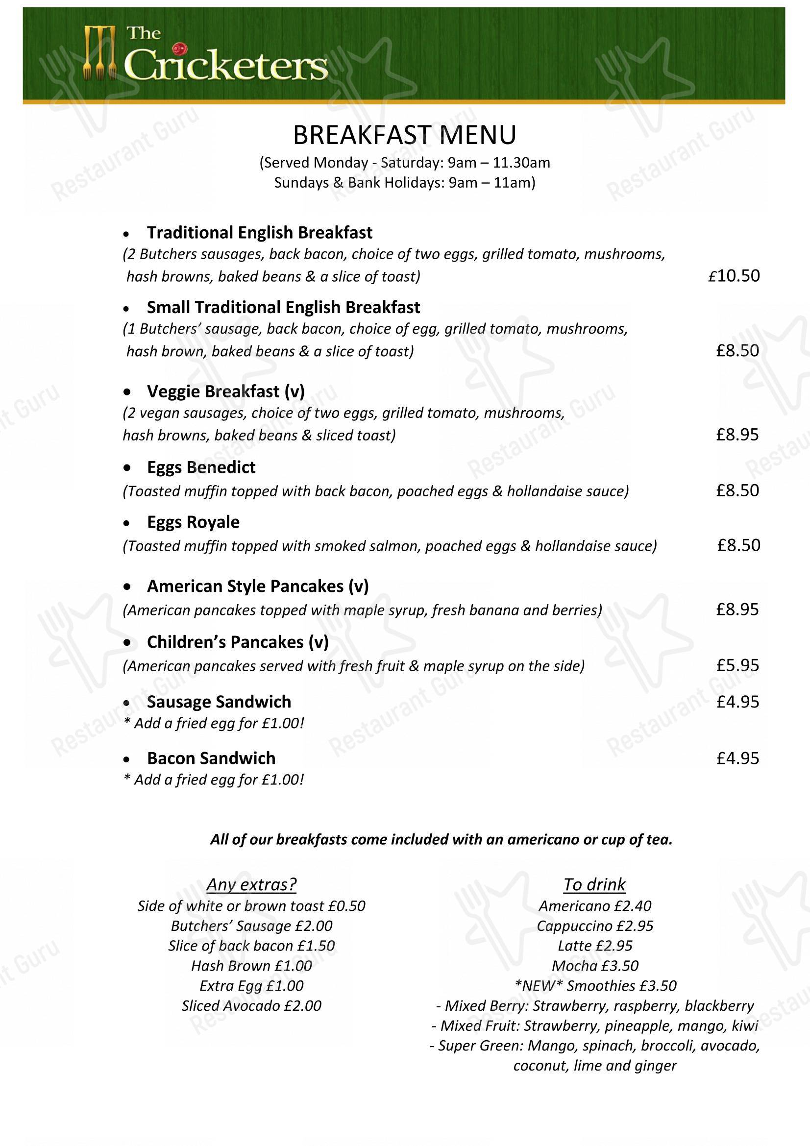 Menu at The Cricketers pub & bar, Colchester, Spring Ln