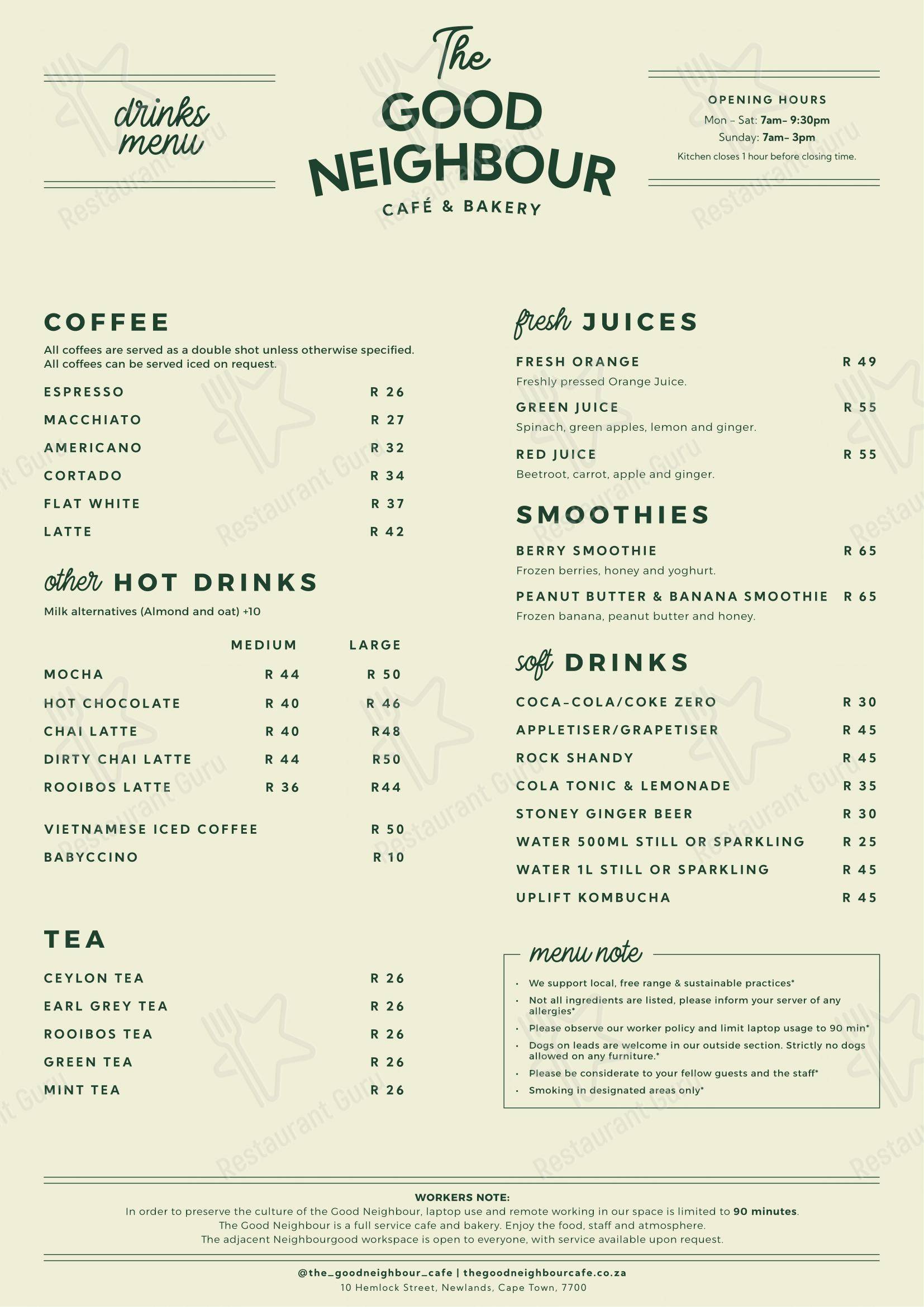 Menu at The Good Neighbour Café & Bakery, Cape Town