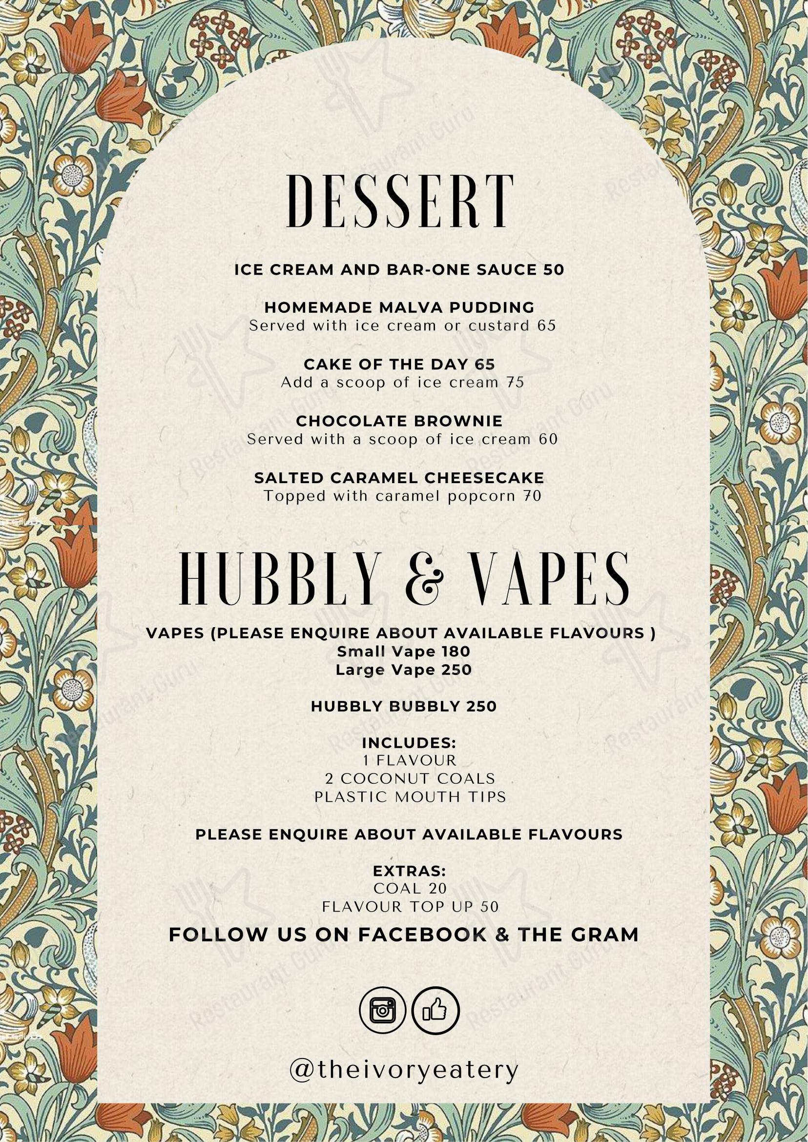 Menu at The Ivory Eatery restaurant, Mthatha