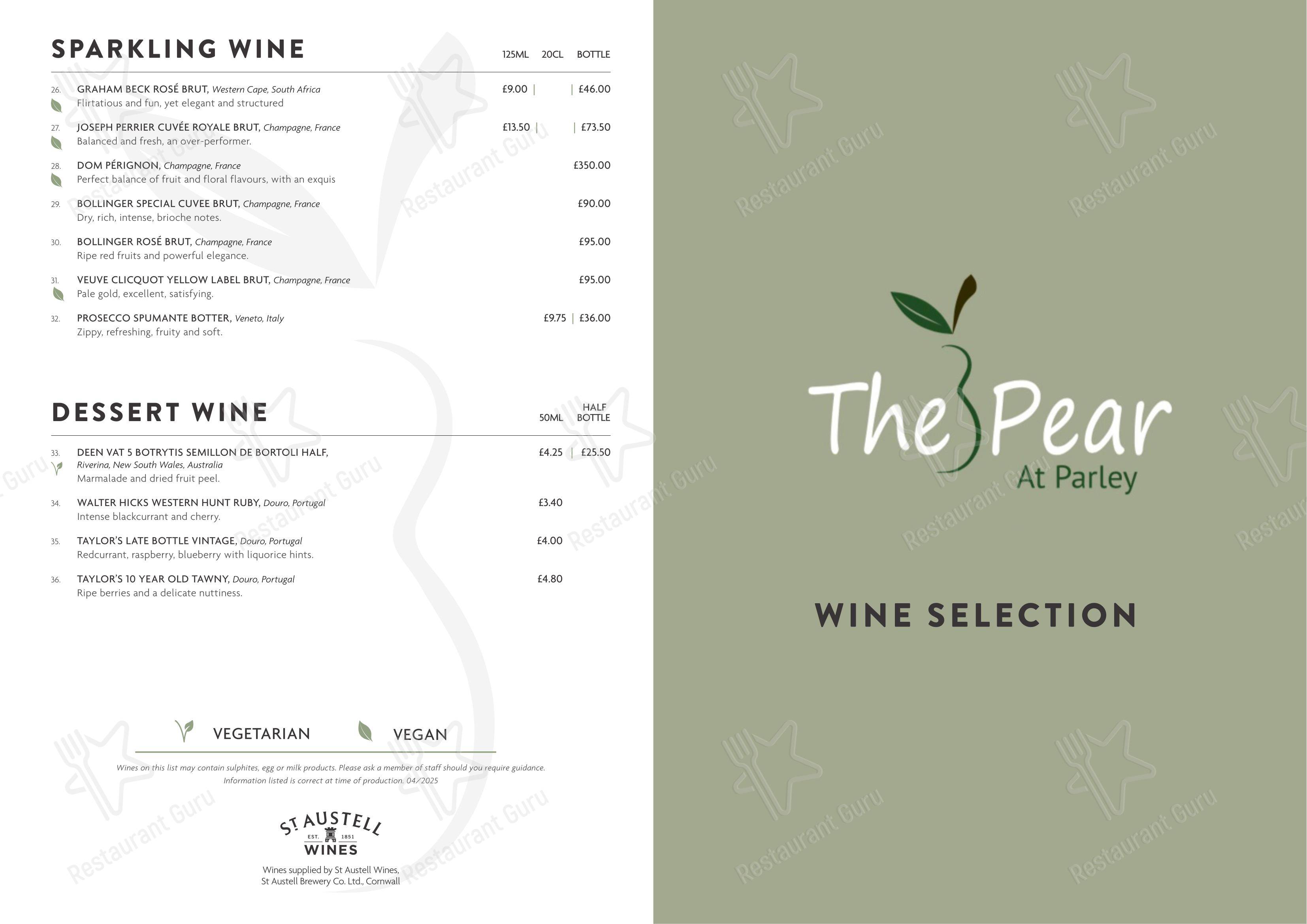 Menu at The Pear At Parley restaurant, West Parley