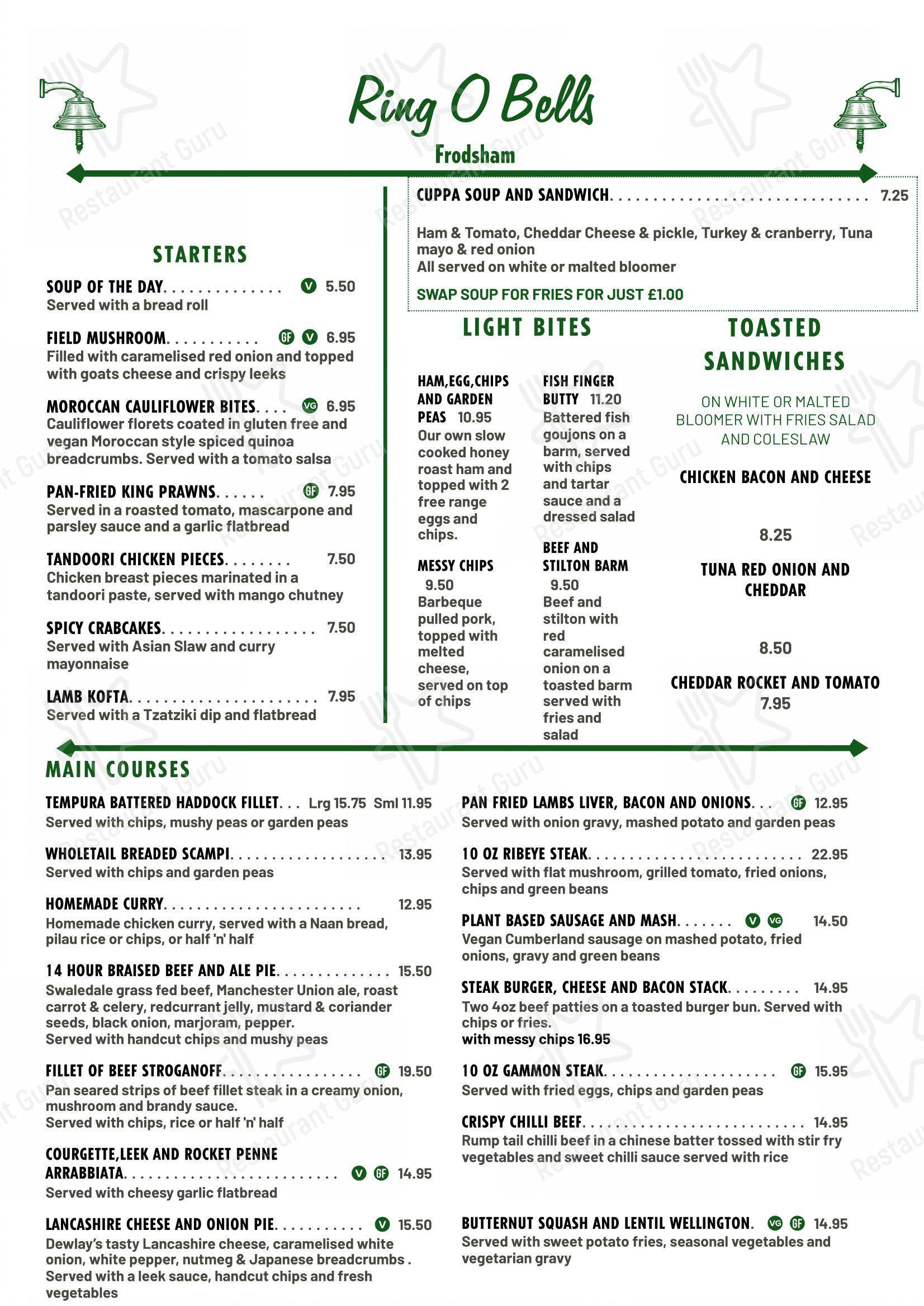 Menu at The Ring O' Bells pub & bar, Frodsham, 2 Bellemonte Rd
