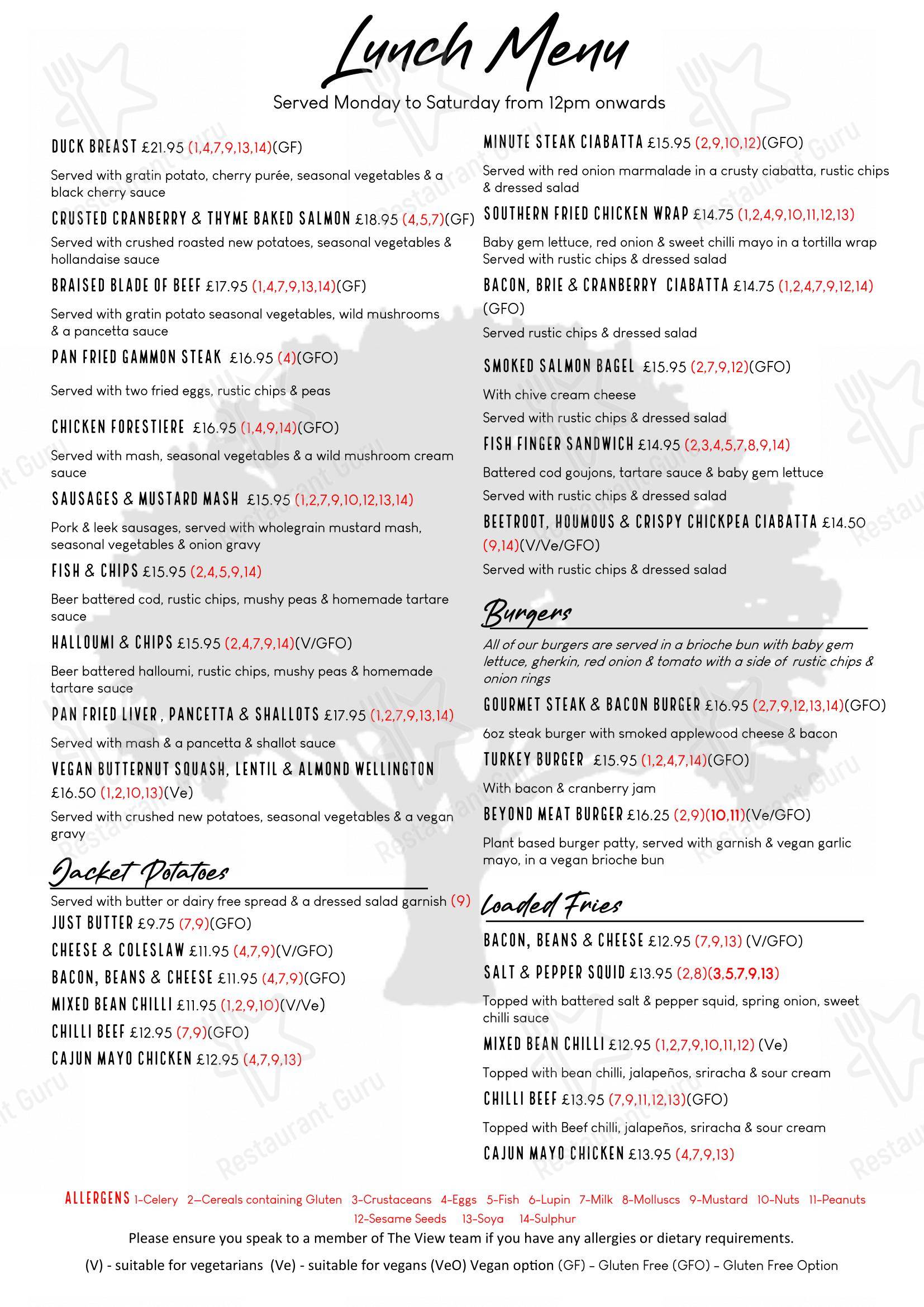 Menu at The View Wootton Wawen restaurant, Henley-in-Arden