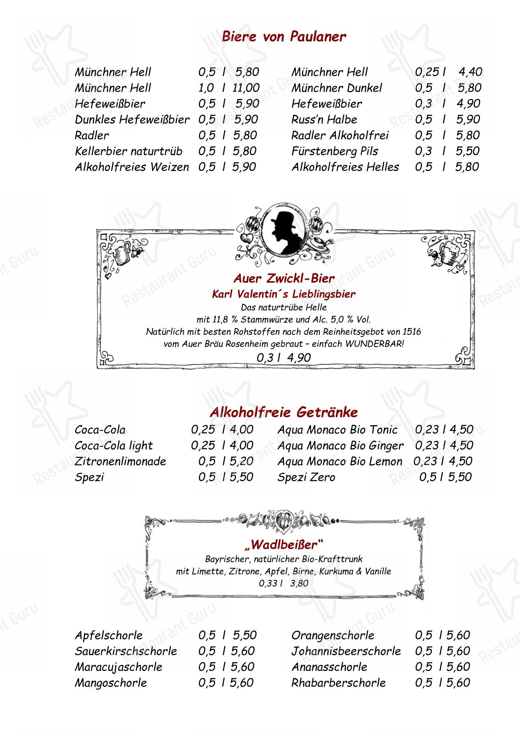 Menu at Wirtshaus in der Au restaurant, Munich