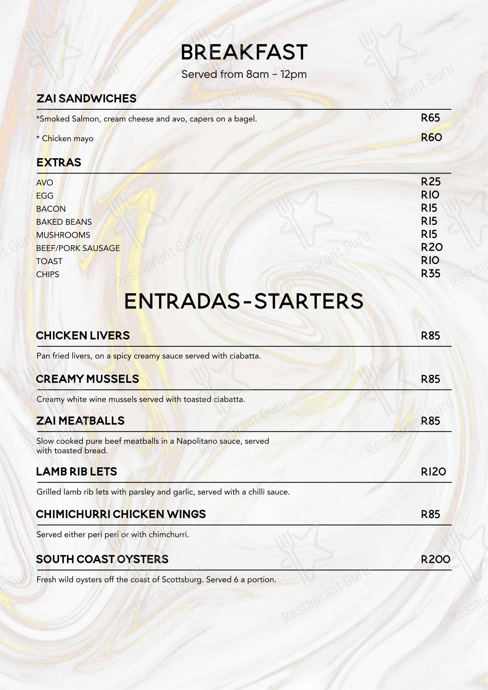 Menu at Zai Restaurant Durban, Durban
