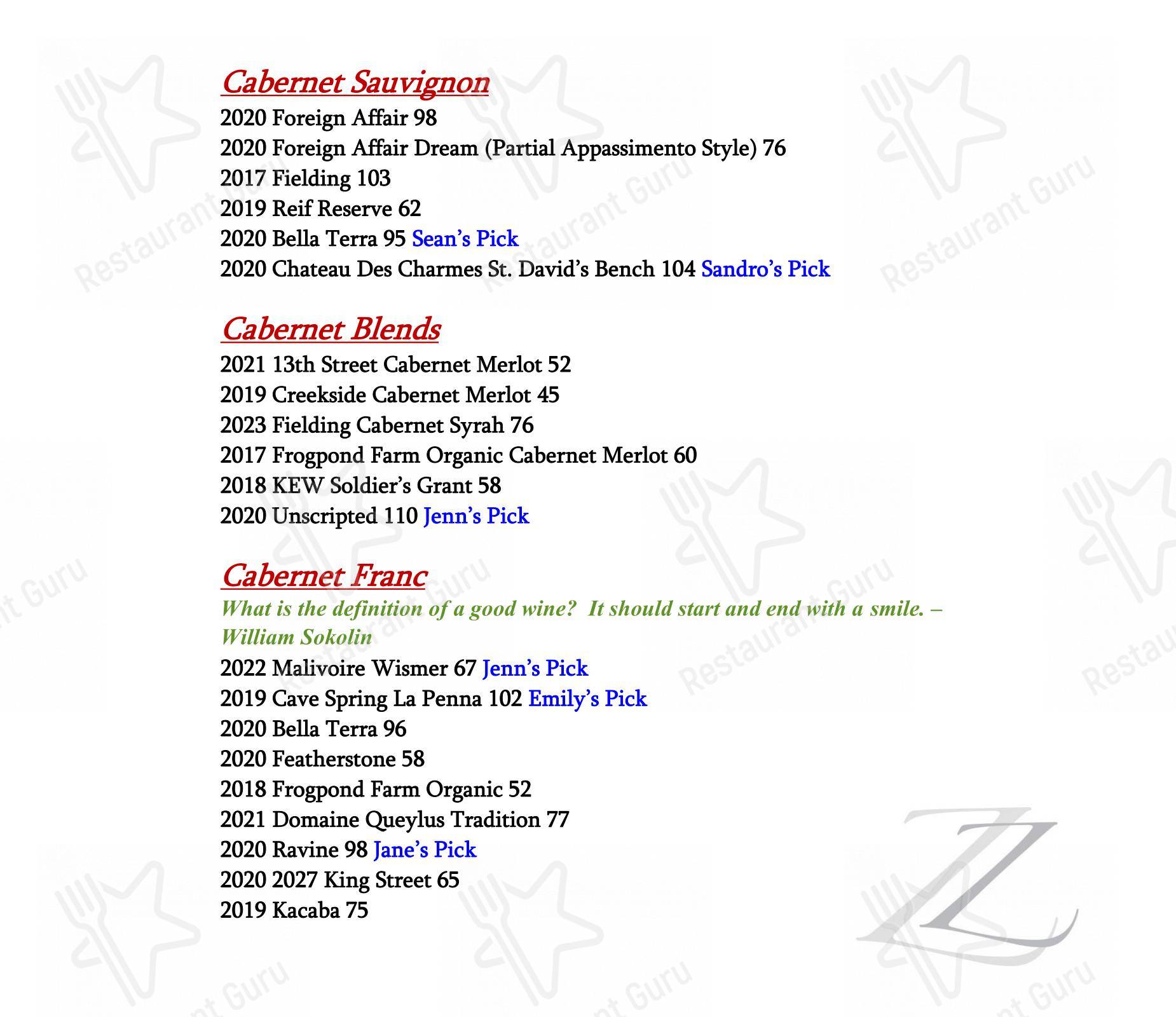 Menu at Zees Wine Bar & Grill, Niagara-on-the-Lake