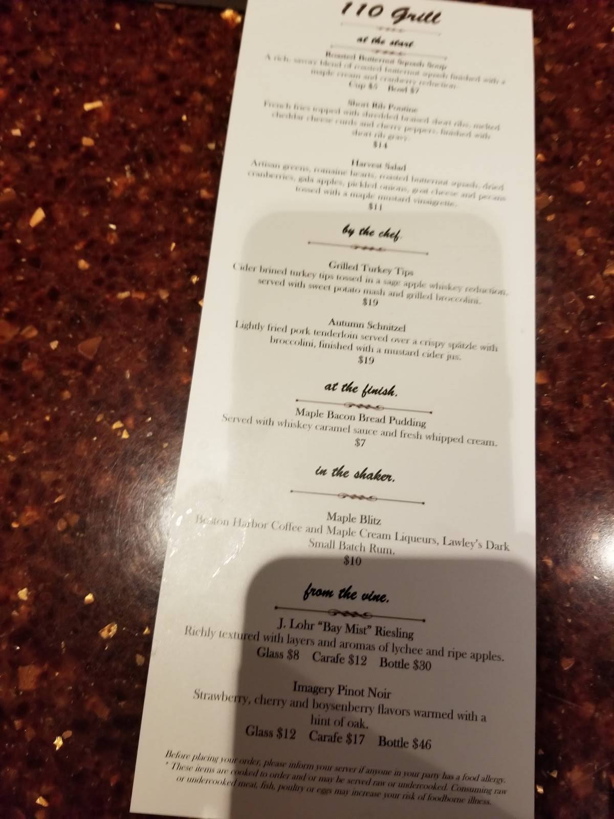 Menu at 110 Grill Woburn restaurant, Woburn, 373 Washington St