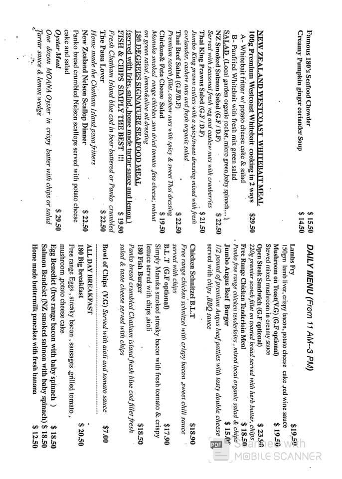 Menu at 180 Degrees Cafe & Bistro, Paraparaumu