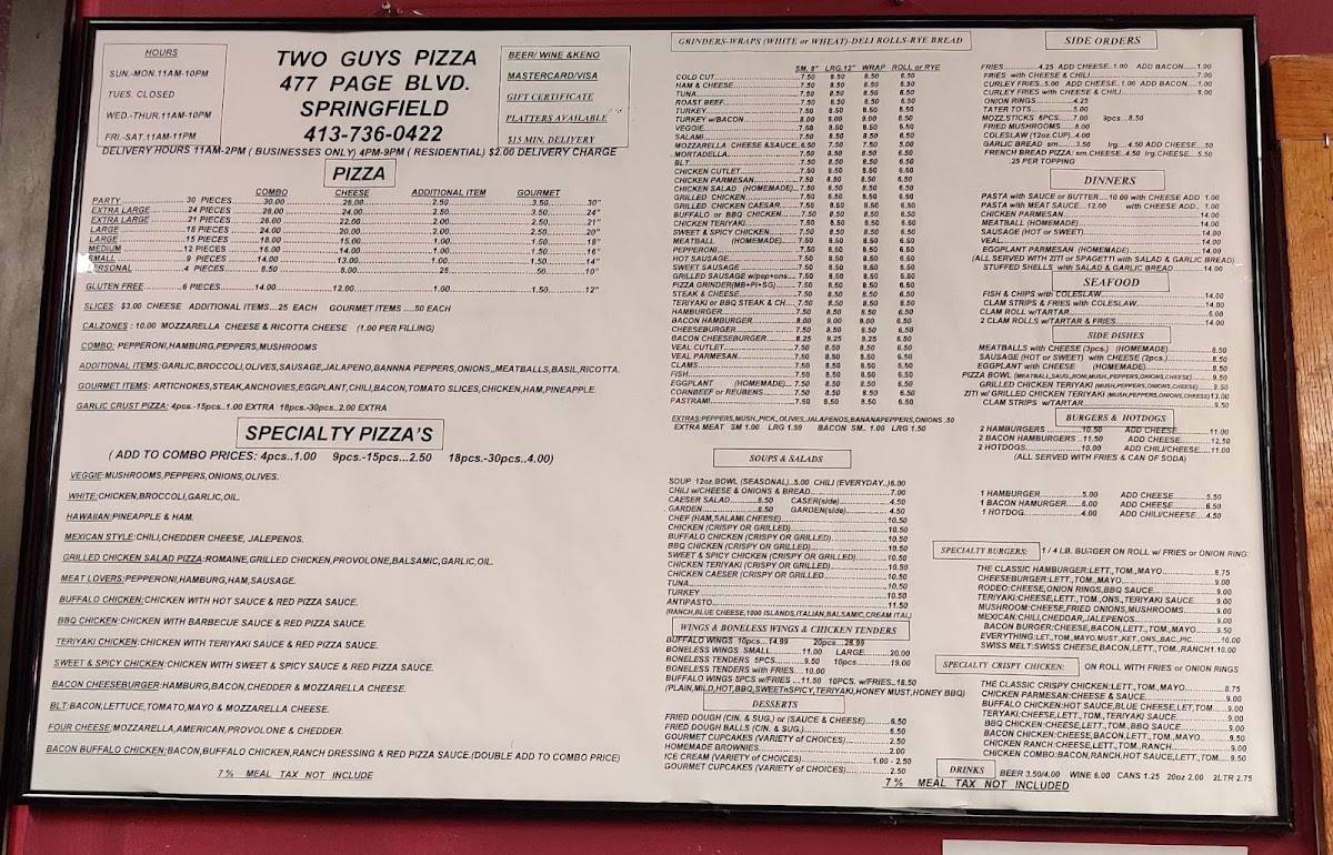 Menu at 2 Guys Pizzeria, Springfield