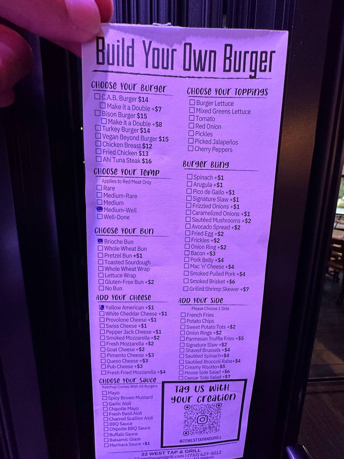 Menu at 22 West Tap and Grill pub & bar, Bridgewater, US-22