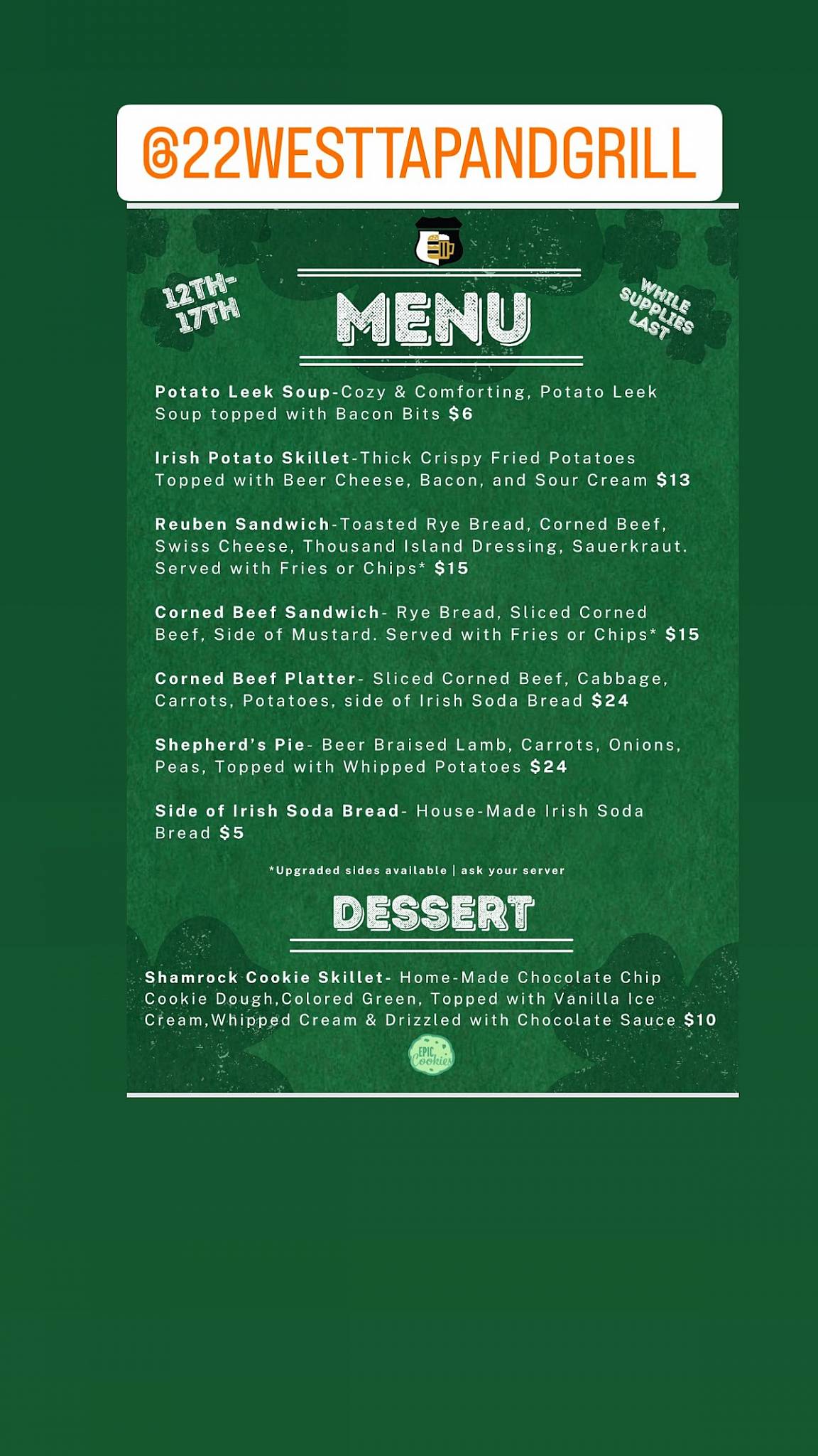 Menu at 22 West Tap and Grill pub & bar, Bridgewater, US-22