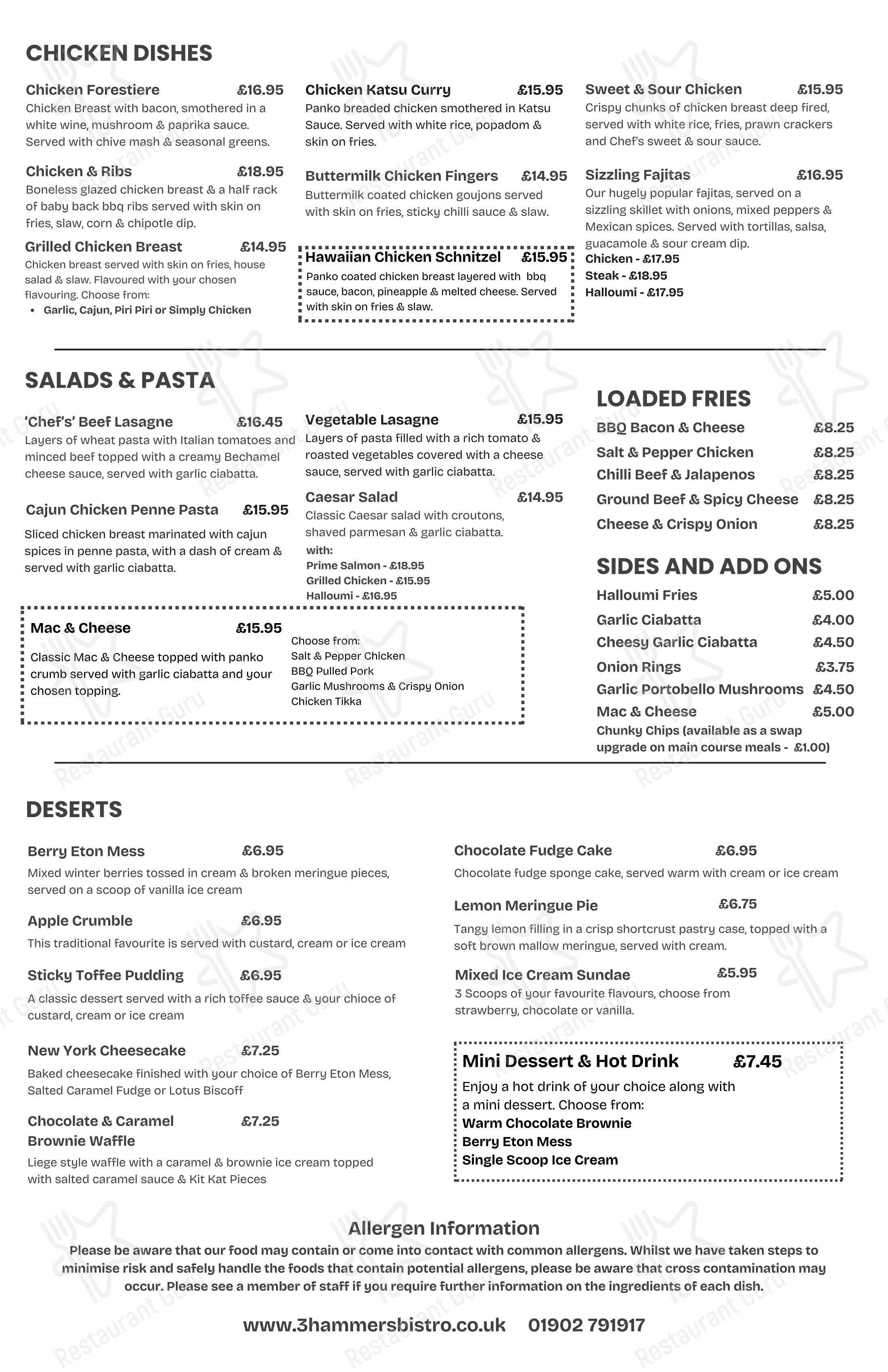 Menu at 3 Hammers Bar & Bistro Ltd, Wolverhampton