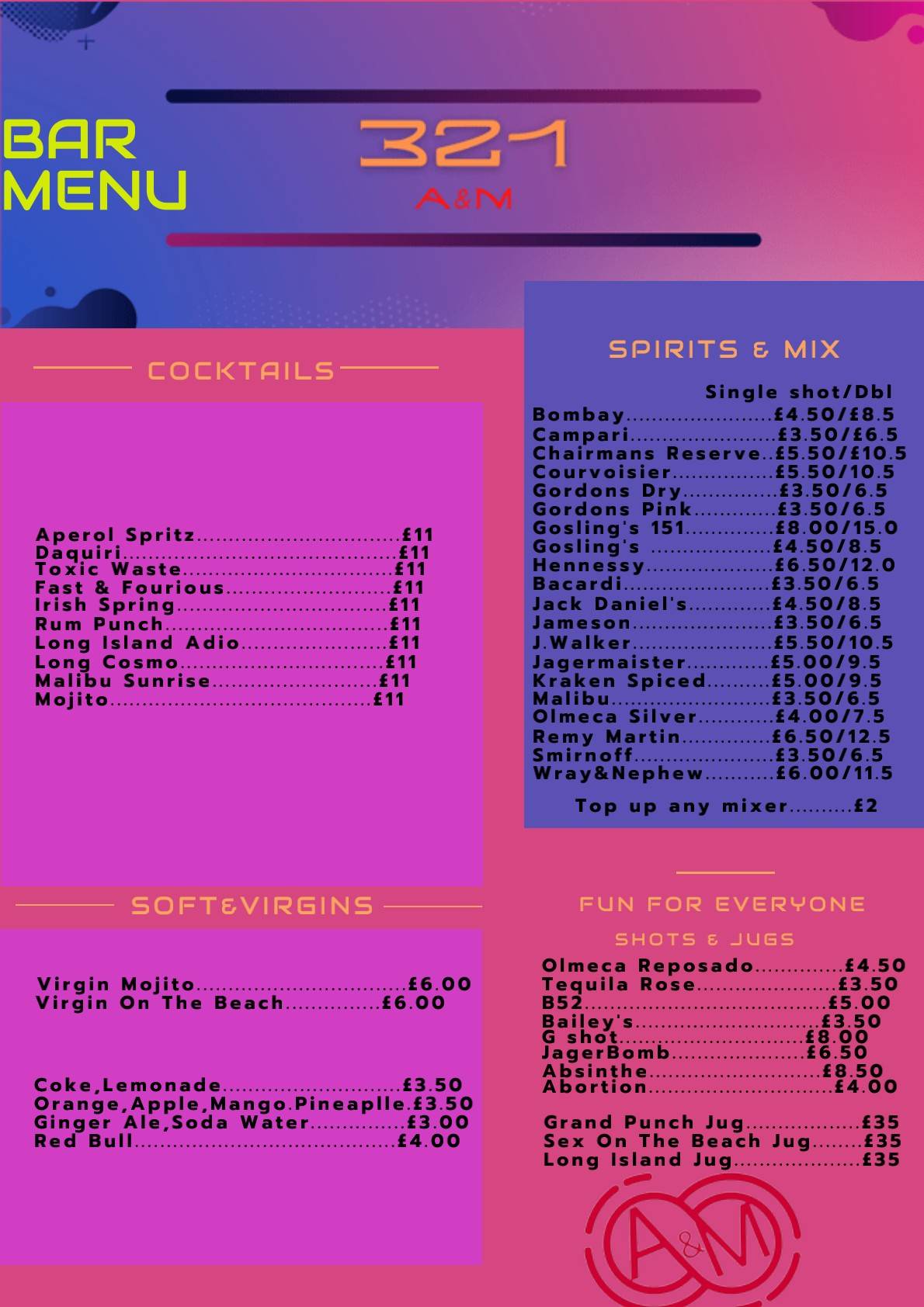 Menu at 321 A&M pub & bar, London