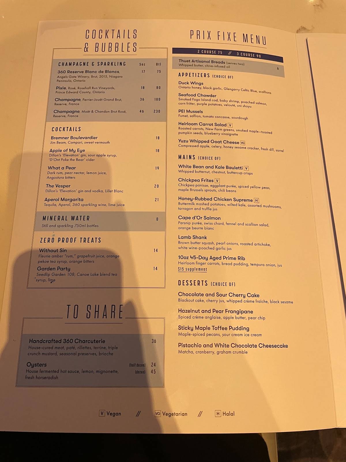 Menu at 360 The Restaurant at the CN Tower, Toronto