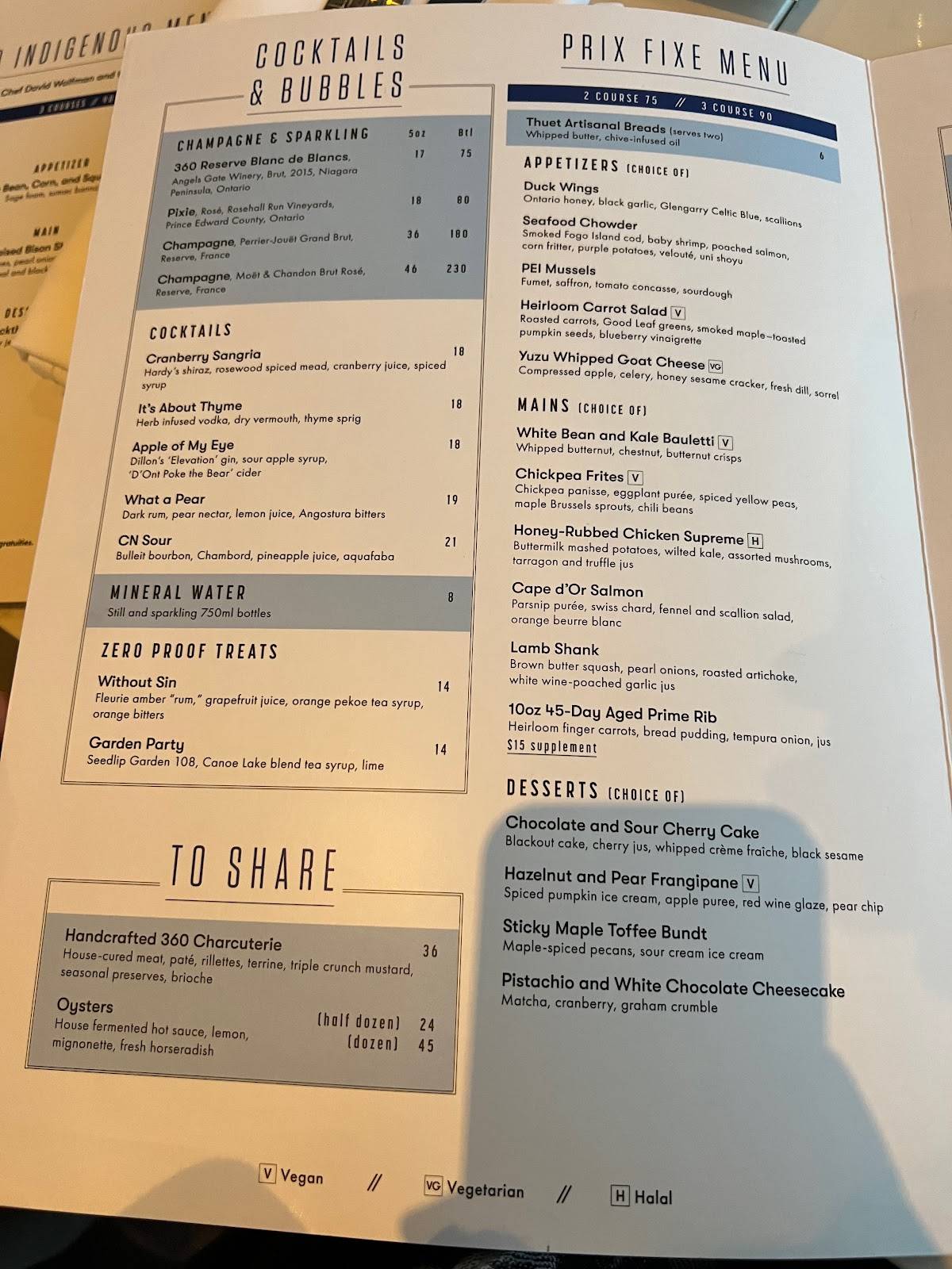 Menu at 360 The Restaurant at the CN Tower, Toronto