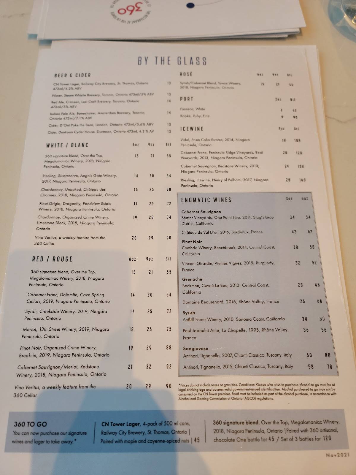 Menu at 360 The Restaurant at the CN Tower, Toronto