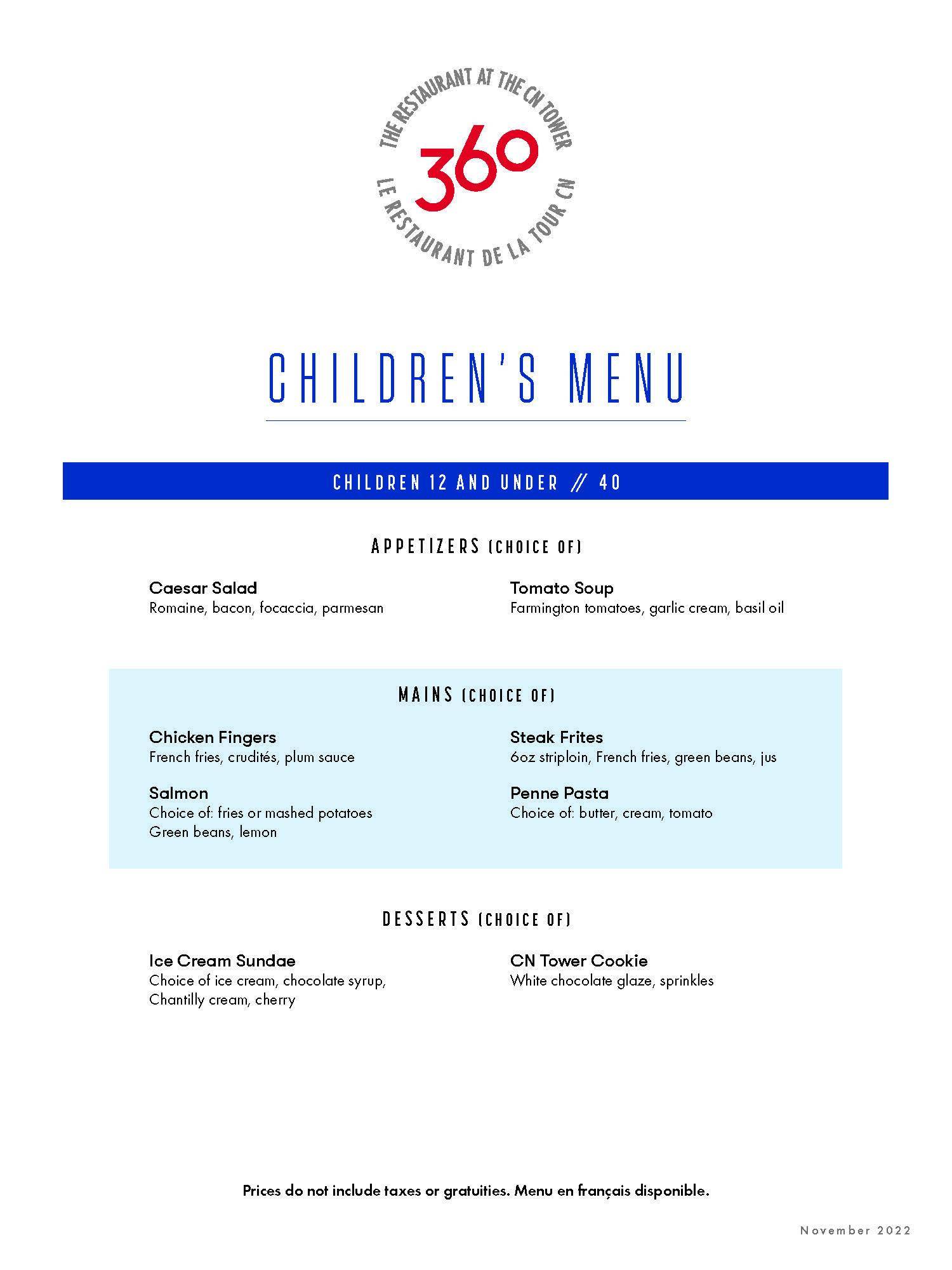 Menu at 360 The Restaurant at the CN Tower, Toronto