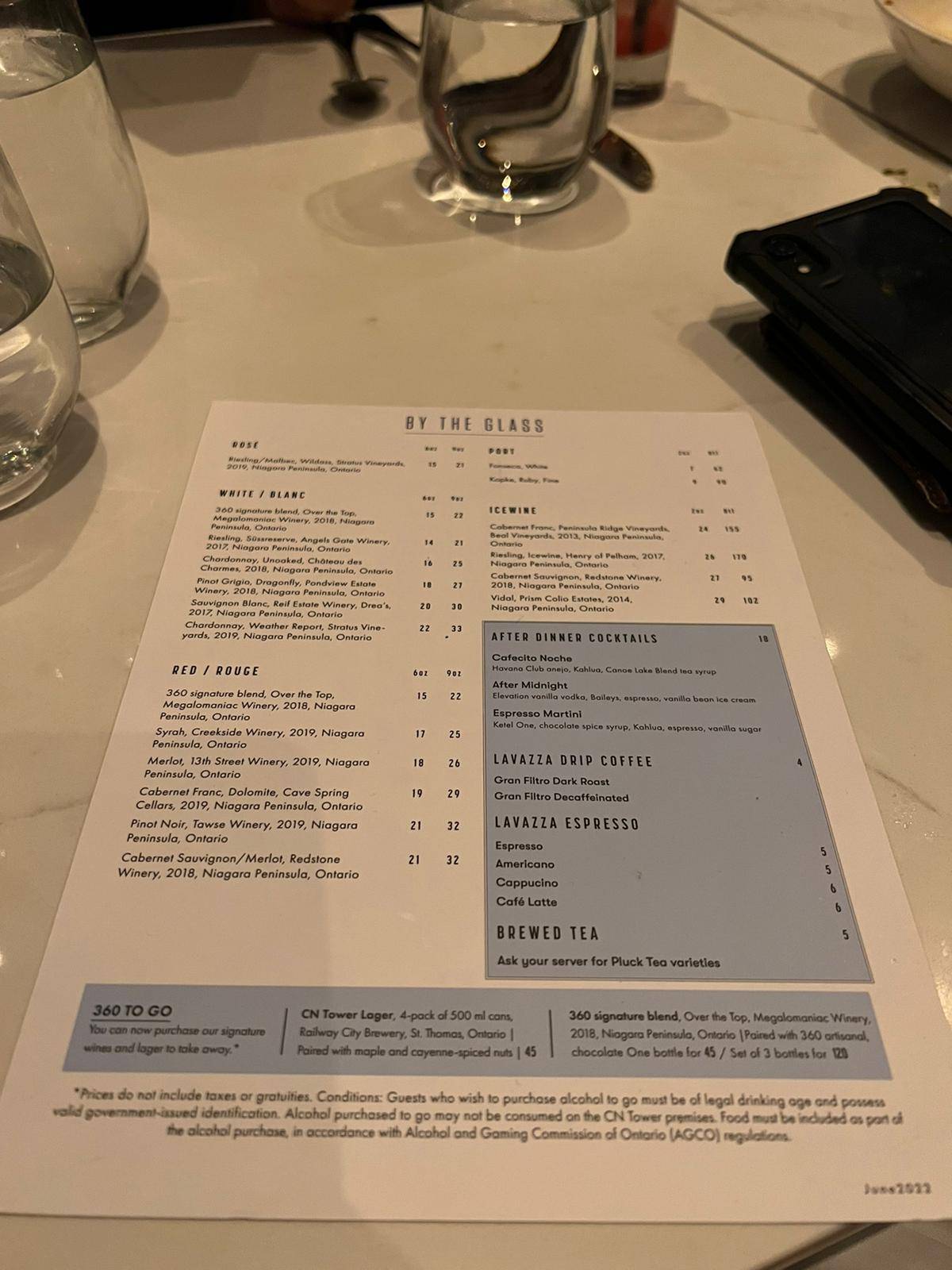Menu at 360 The Restaurant at the CN Tower, Toronto
