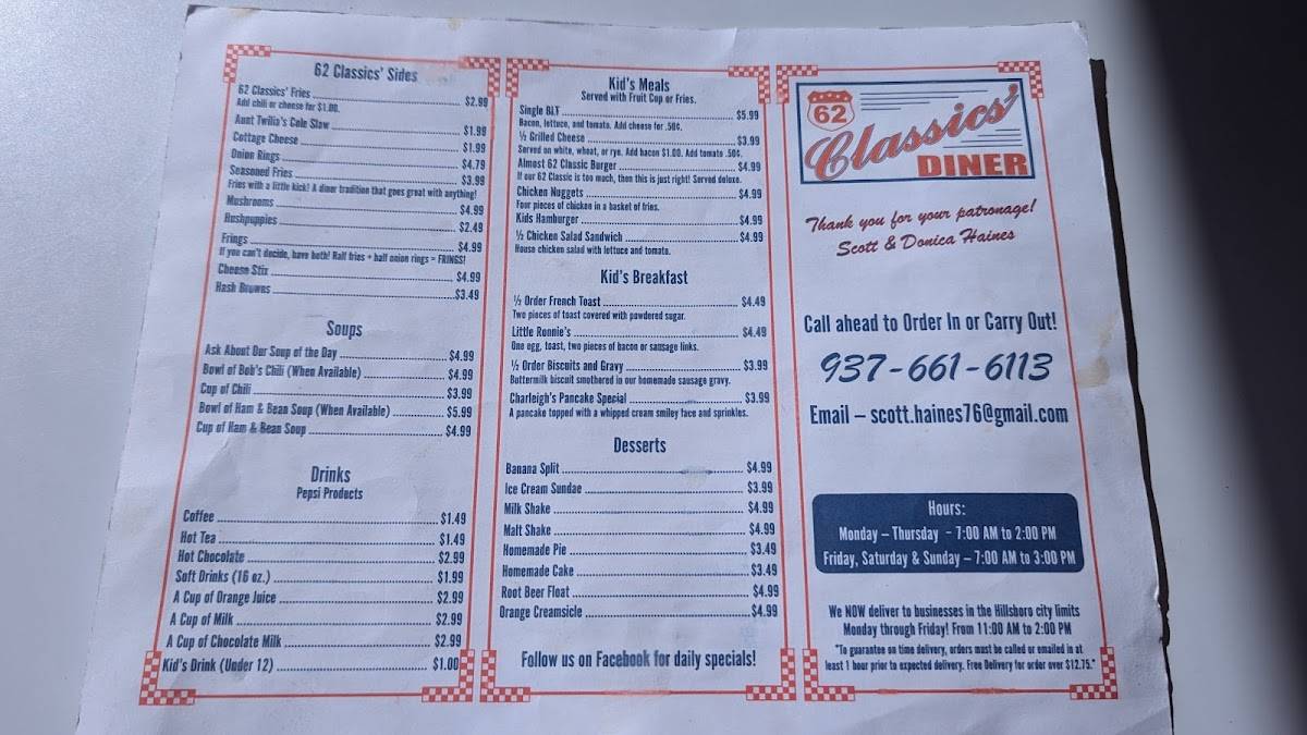 Menu at 62 Classics' Diner restaurant, Hillsboro