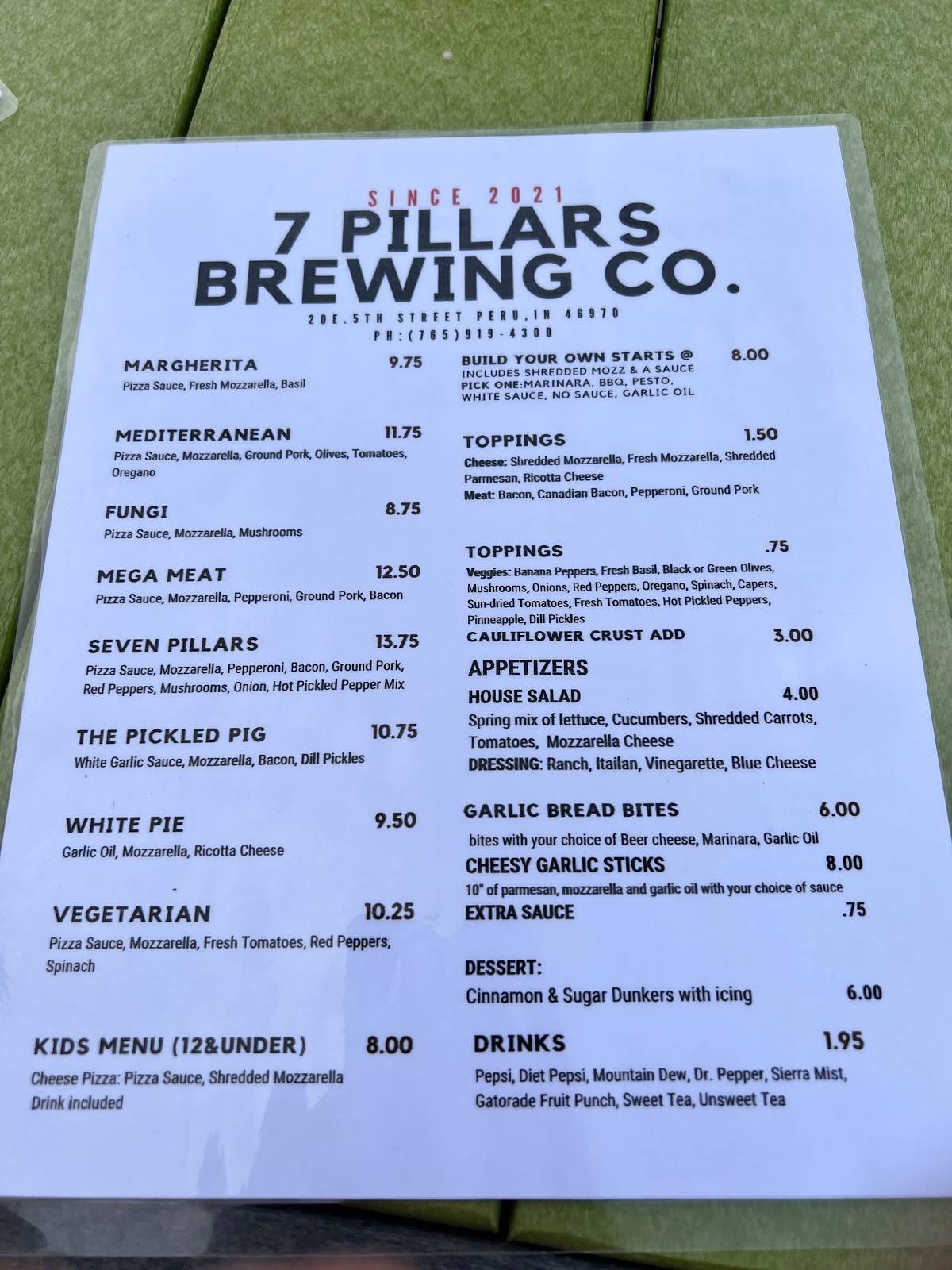 Menu at 7 Pillars Brewery Co pub & bar, Peru