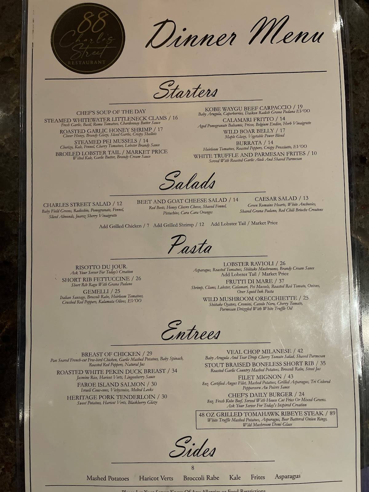 Menu at 88 Charles St Restaurant, Montgomery