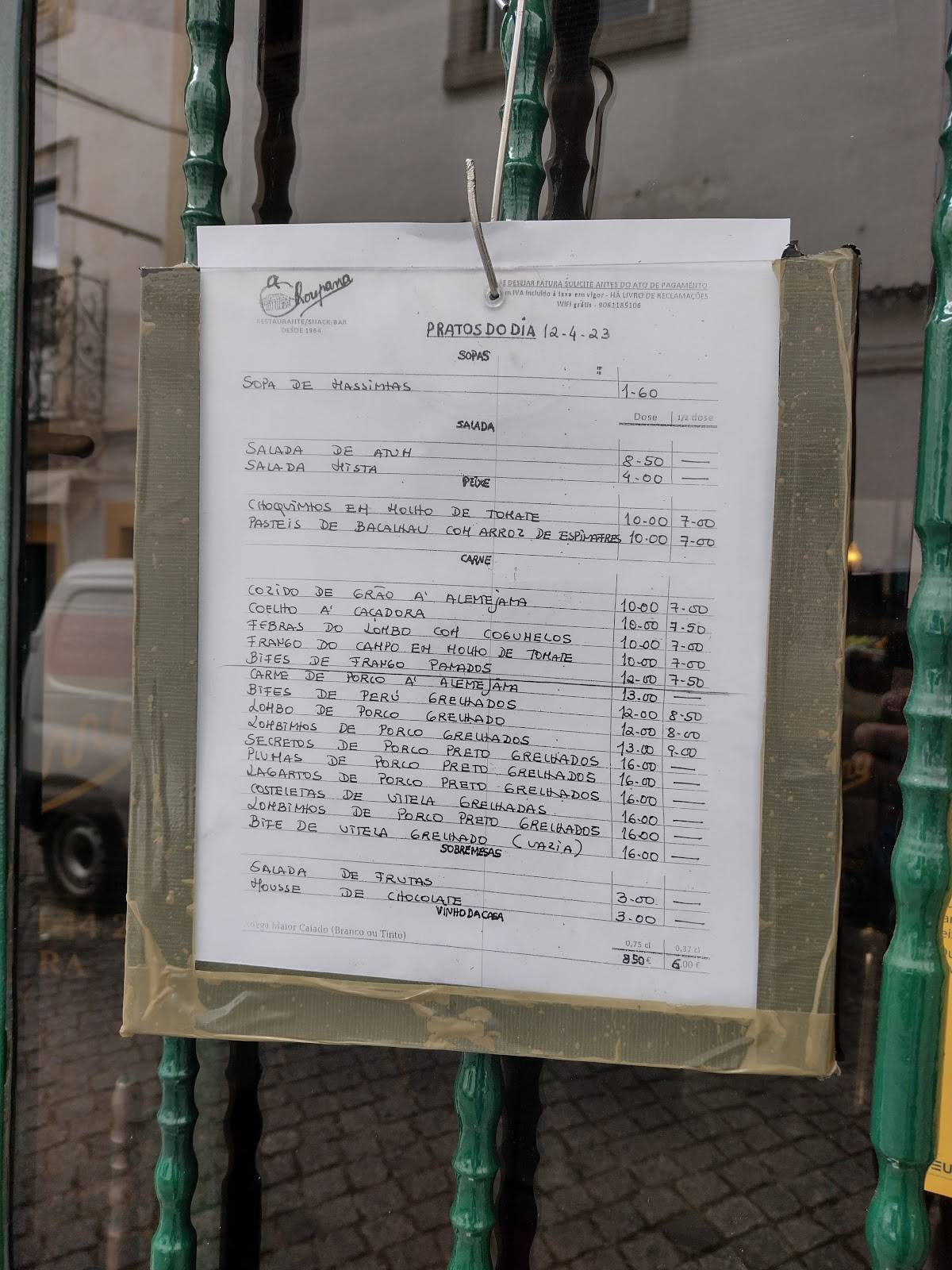 Carta del restaurante A Choupana, Evora, R. dos Mercadores 20