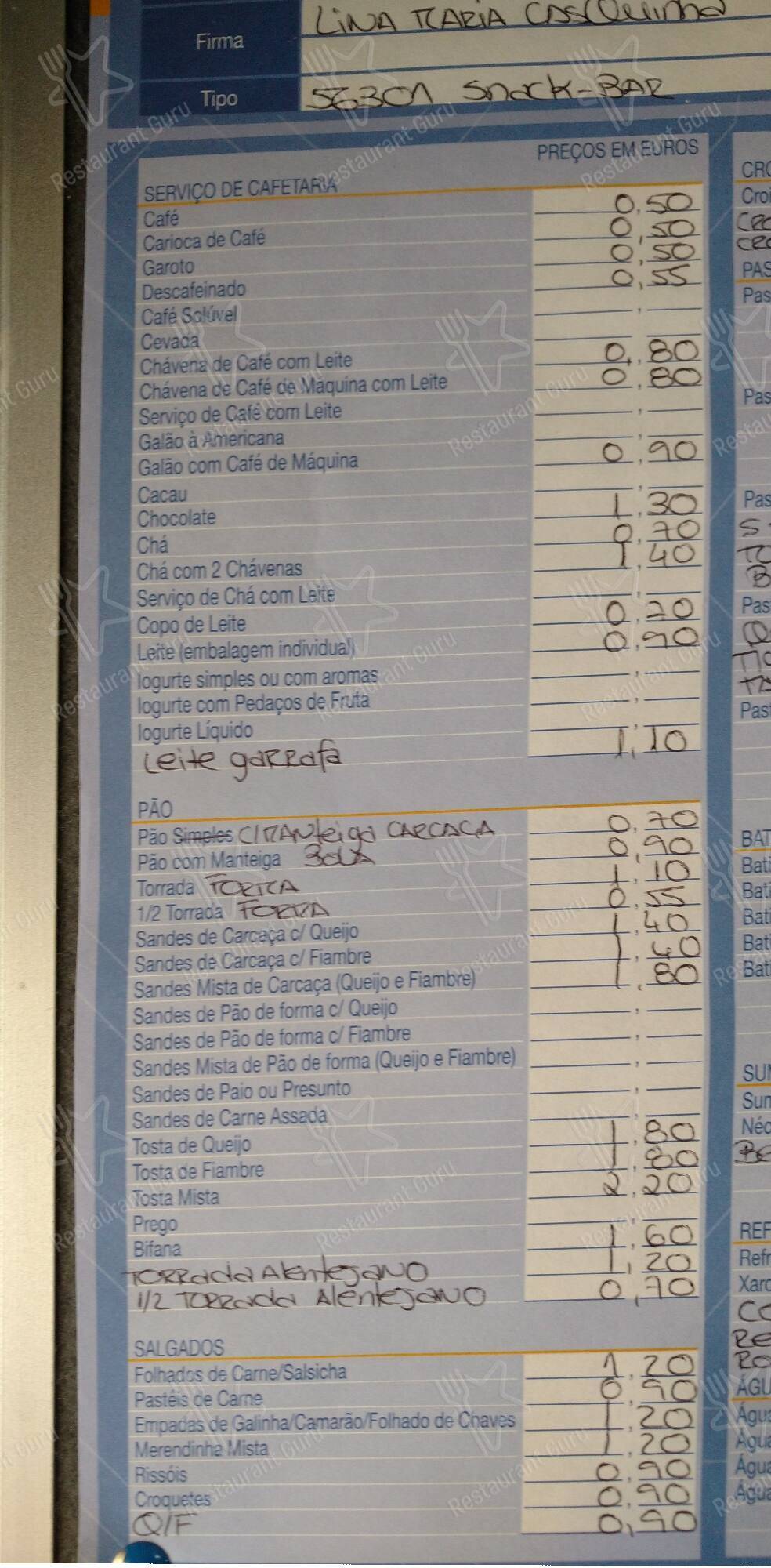 Menu at Cafe A Cubata, Lisbon