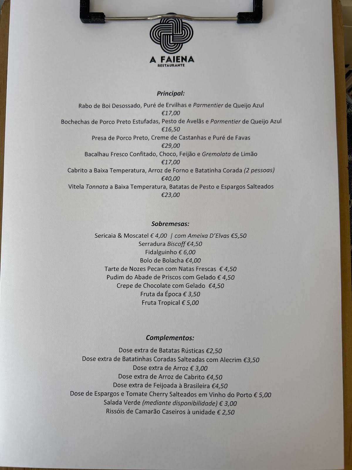 Menu em A Faiena restaurante, Setúbal