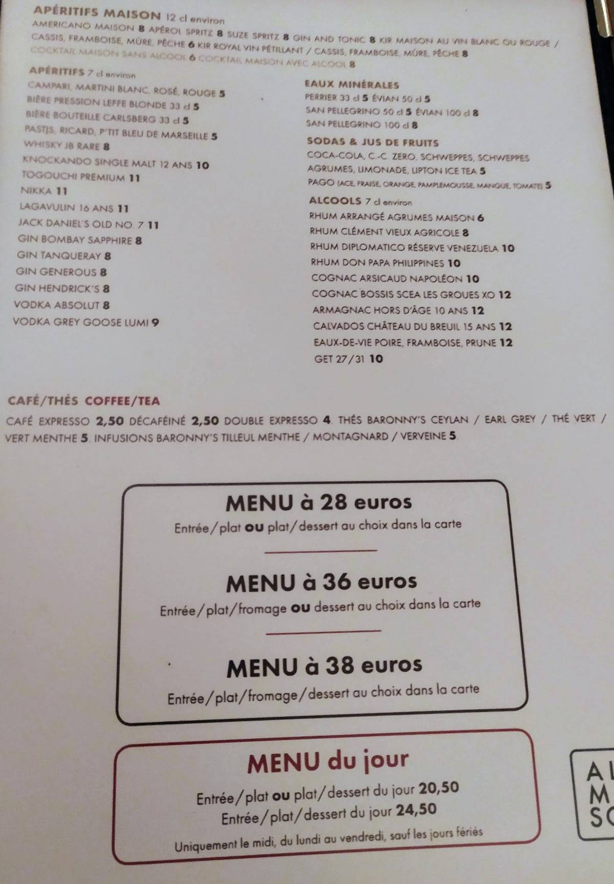 Carta del restaurante A LA MAISON, Meung-sur-Loire