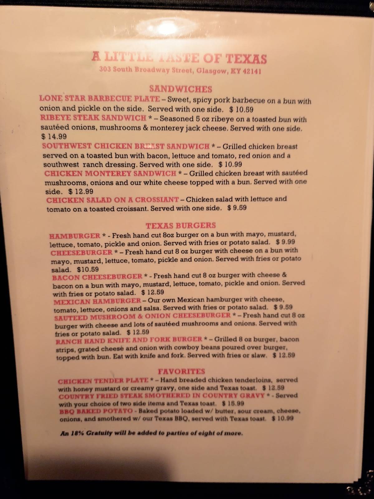 Menu at A LITTLE TASTE OF TEXAS BBQ, Glasgow