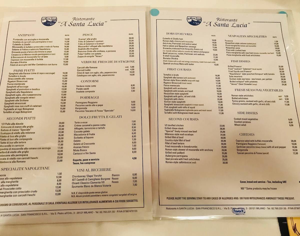 Menu da A Santa Lucia pizzeria, Milano, Via S. Pietro All'Orto
