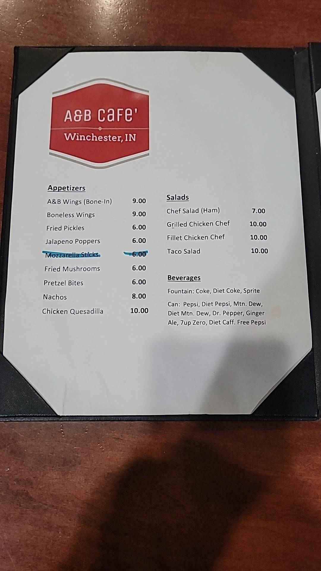 Menu at A & B Cafe, Winchester