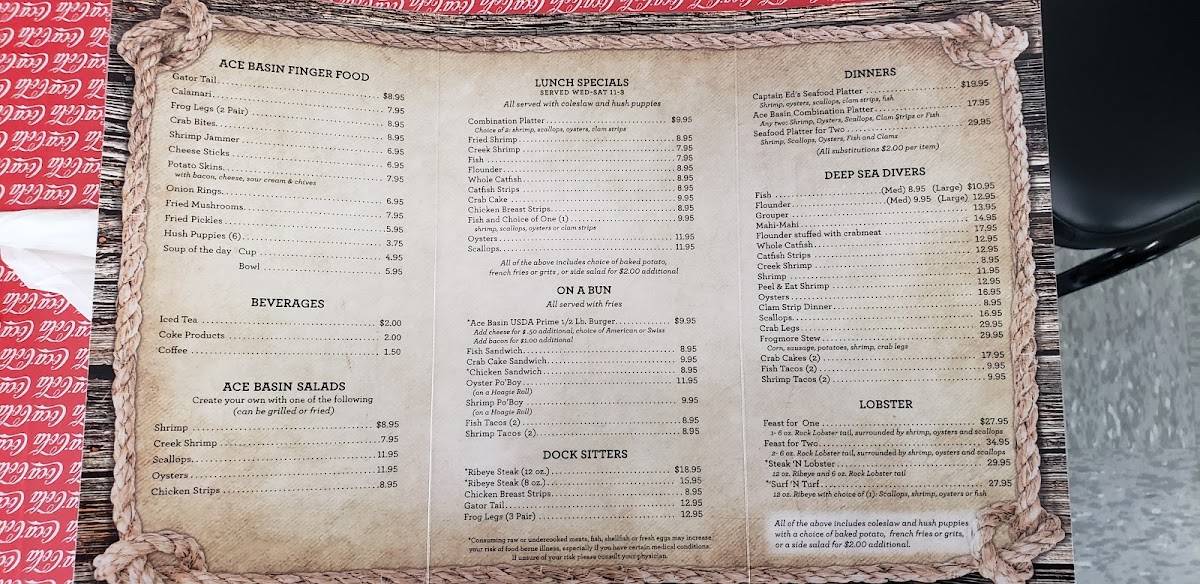 Menu at ACE Basin Fish Camp steakhouse, Jacksonboro