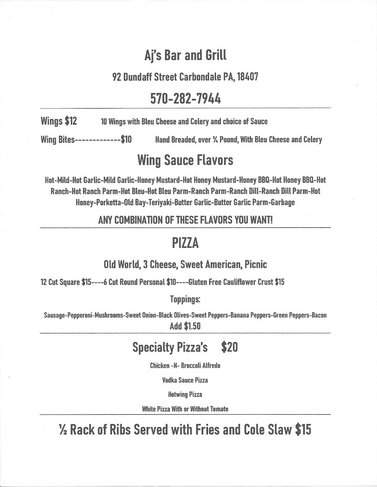 Menu at AJ's Bar -N- Grill, Carbondale