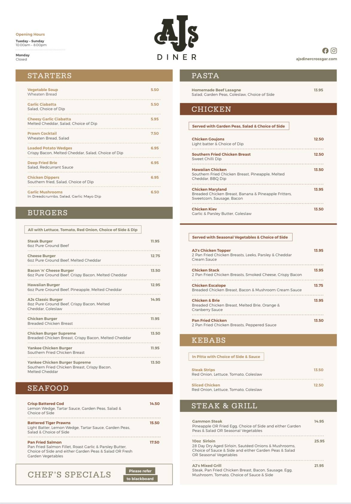 Menu at AJ's restaurant, Crossgar